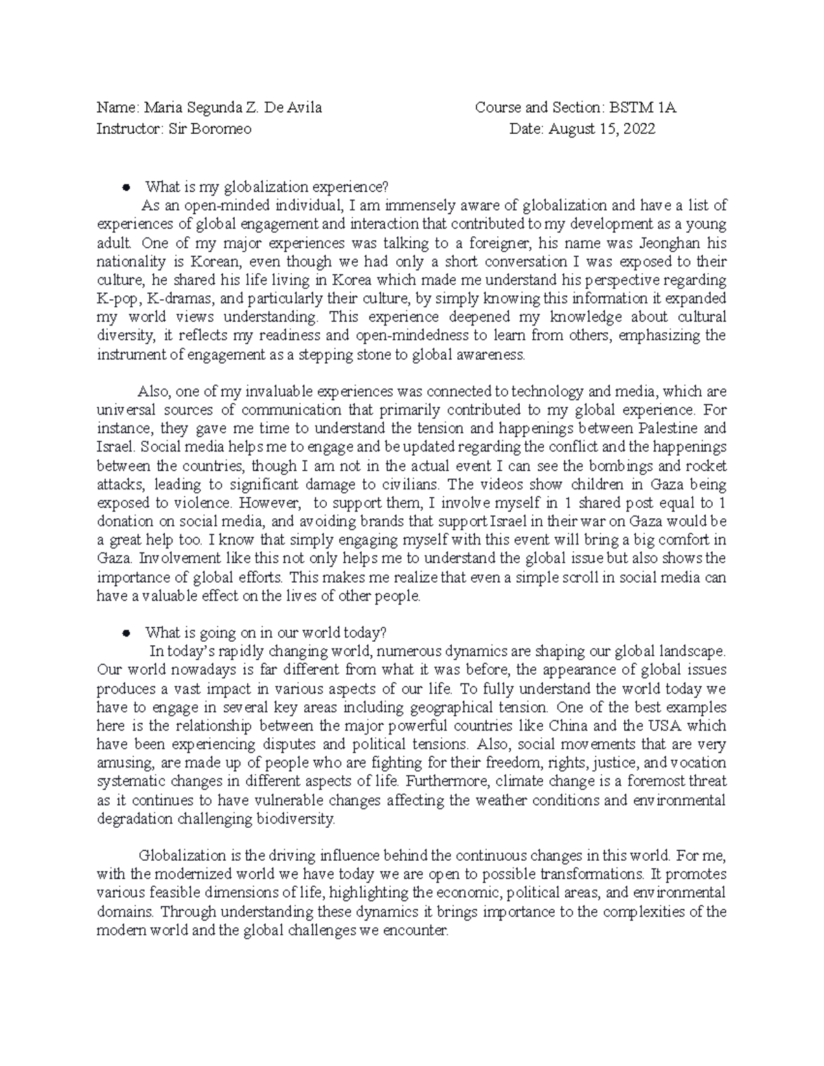 BSTM 1A Globalization Essay: Personal Experiences & Insights - Studocu