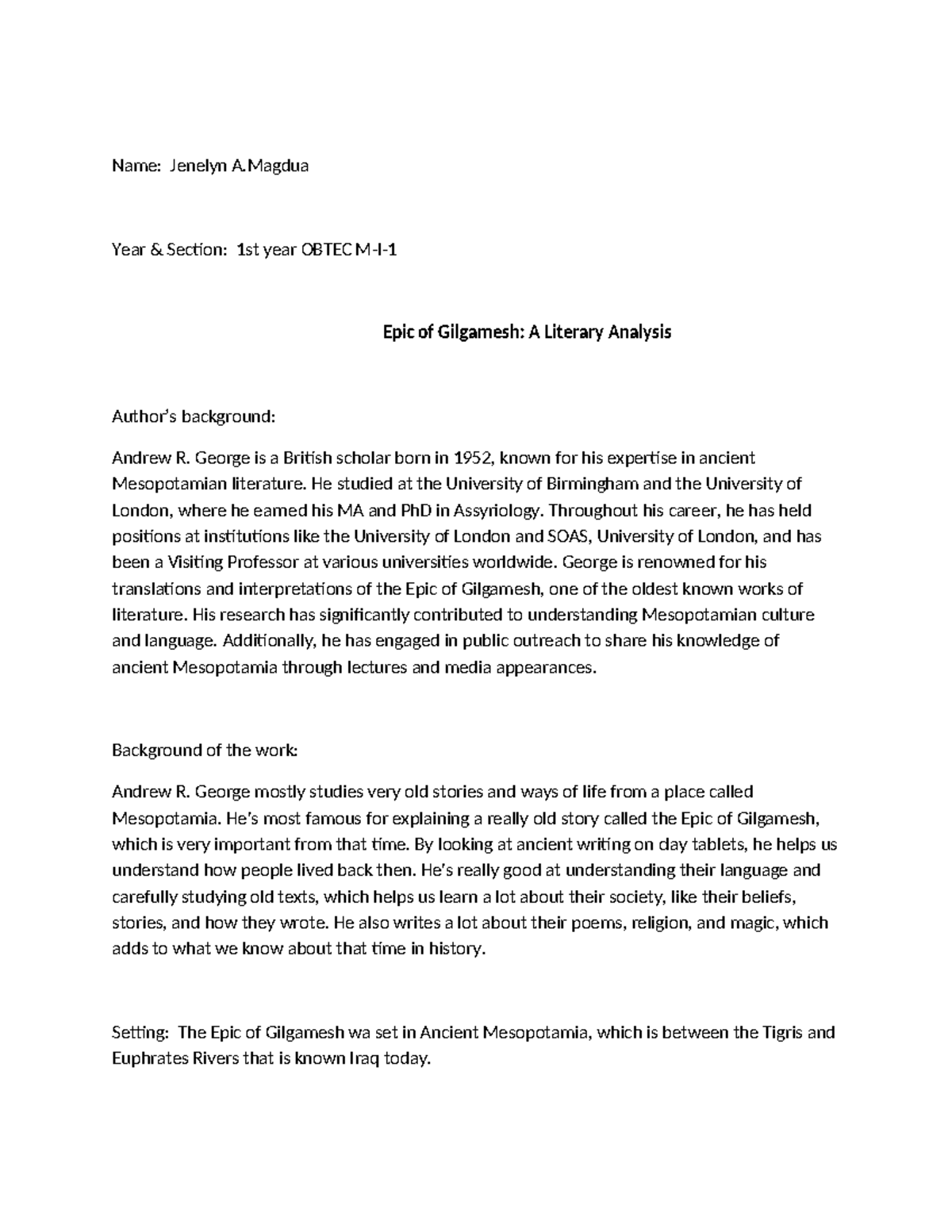 Literary Analysis of Gilgamesh: A Study of Themes and Characters - Studocu