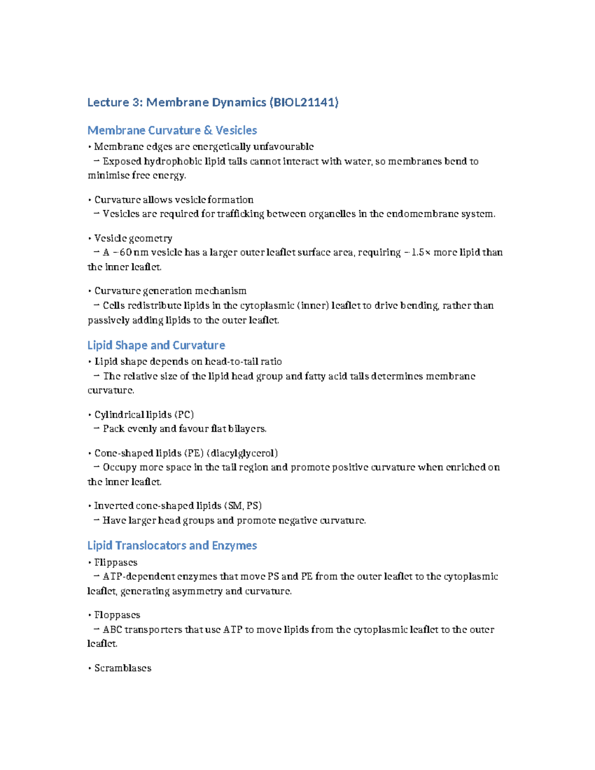 Lecture 3: Membrane Dynamics Overview (BIOL21141) - Studocu