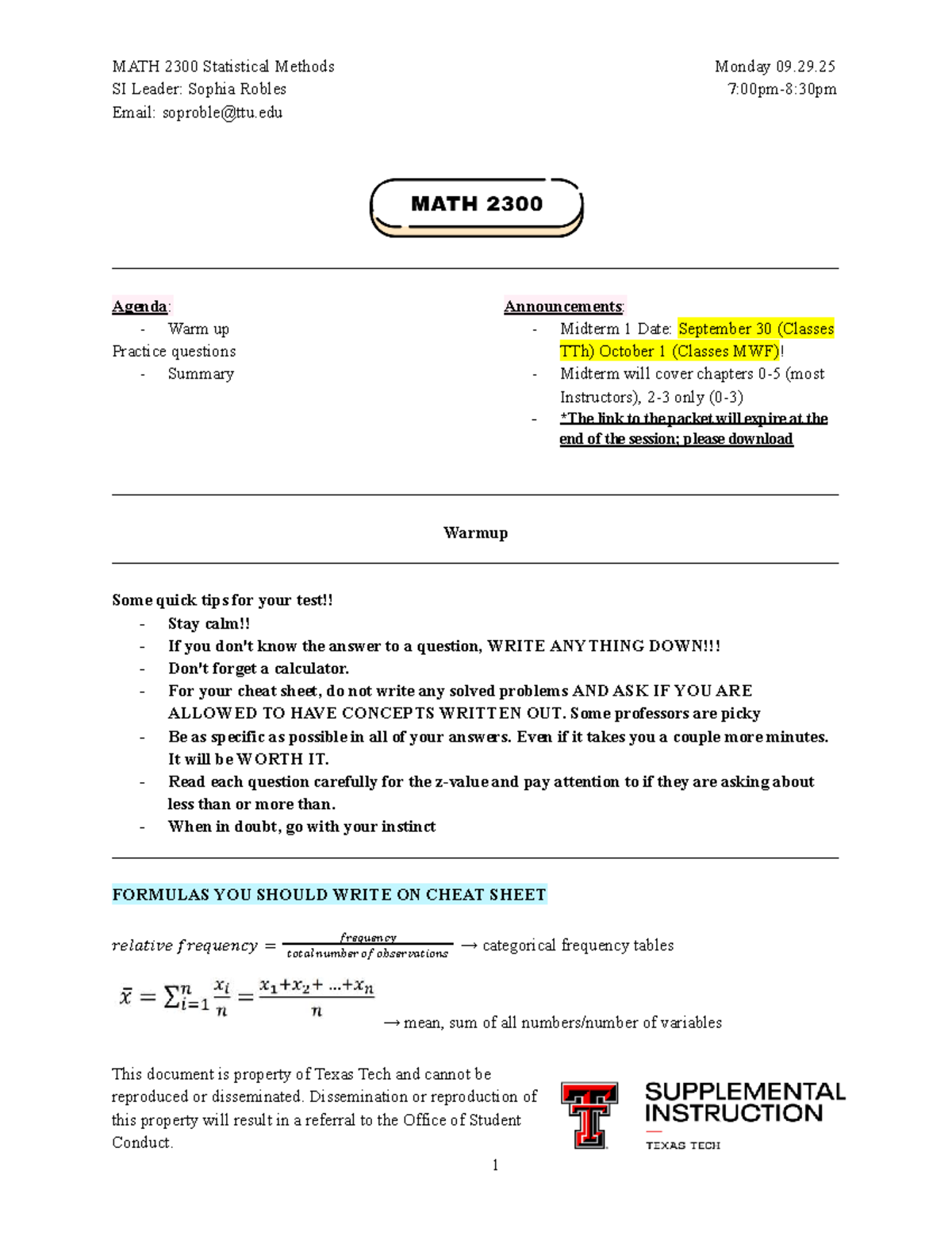 MATH 2300 Midterm 1 Study Guide & Tips - SI Leader Sophia Robles - Studocu