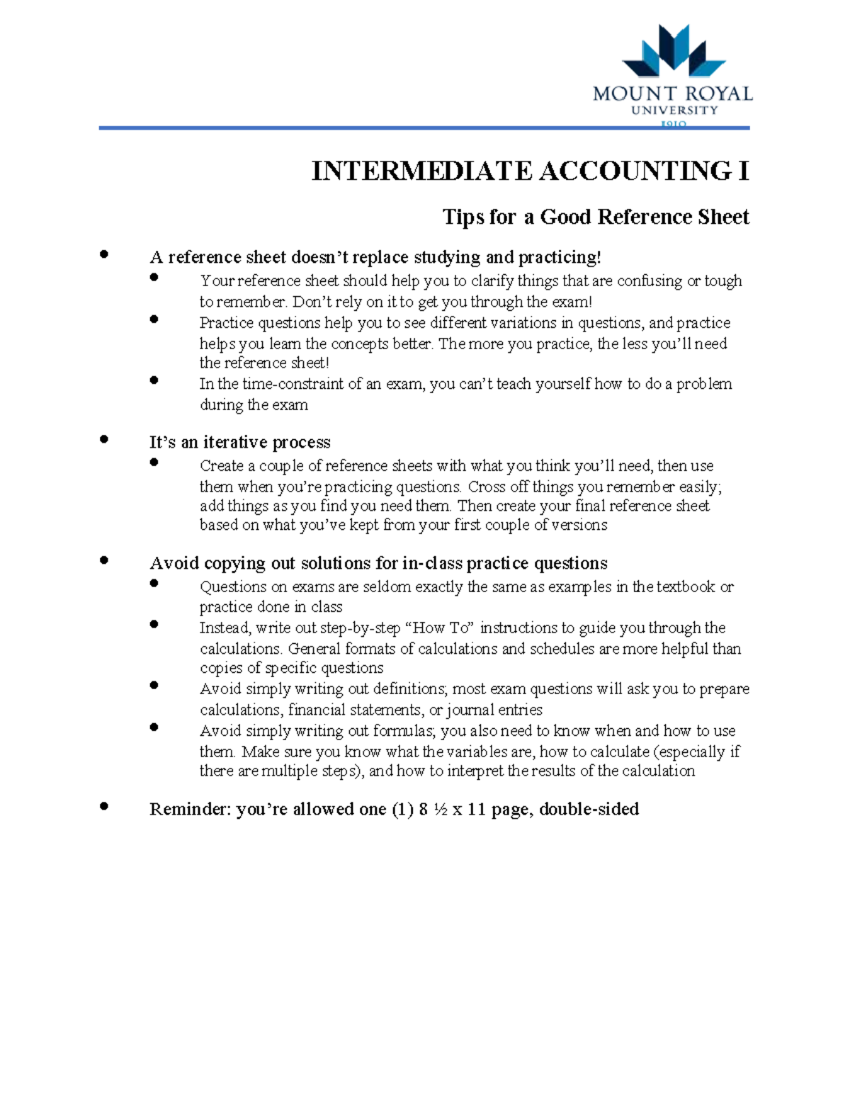 Reference Sheet Tips - YES - INTERMEDIATE ACCOUNTING I Tips for a Good ...