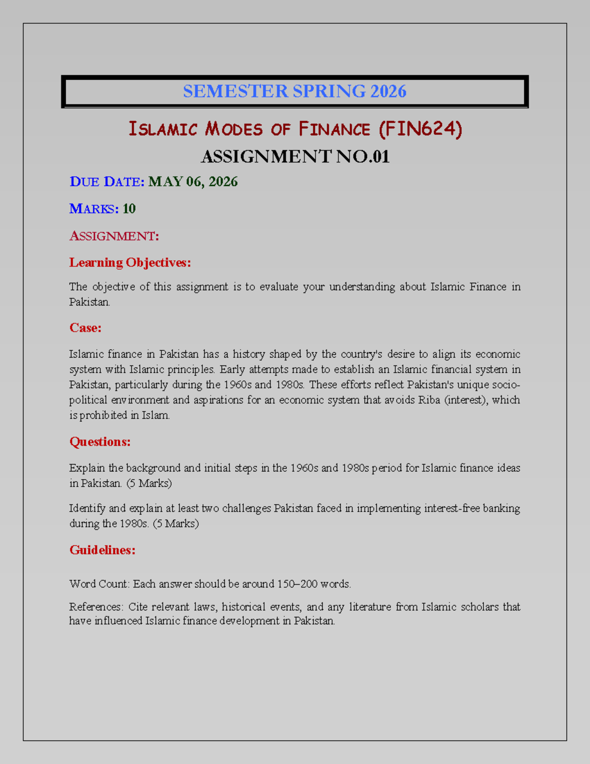Spring 2026 FIN624 Assignment 01: Islamic Finance in Pakistan - Studocu