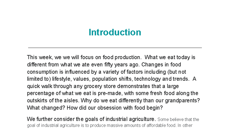 Week 4 - Lecture Notes: Food Production and Consumption Changes - Studocu