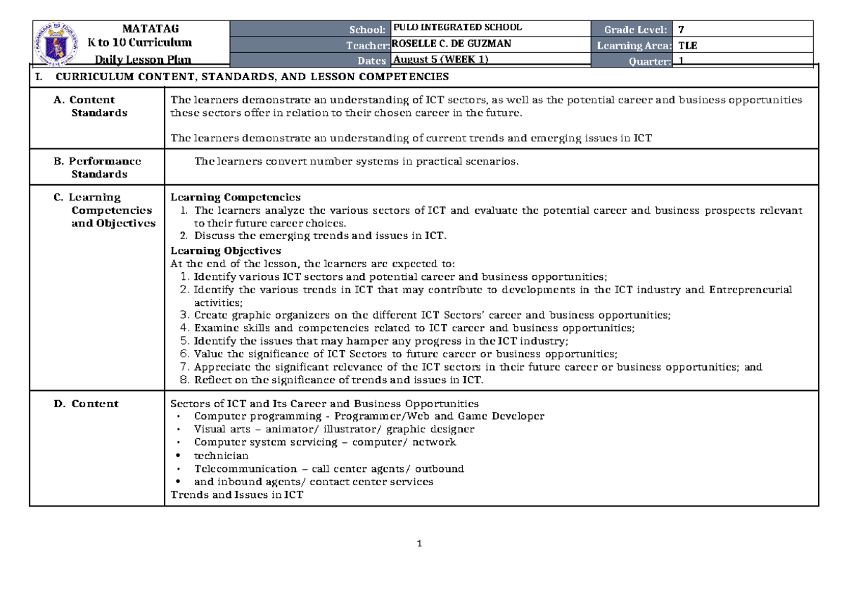 DLP TLE 7 Q1 W1 DAY 1 - ICT Sectors and Career Opportunities - Studocu