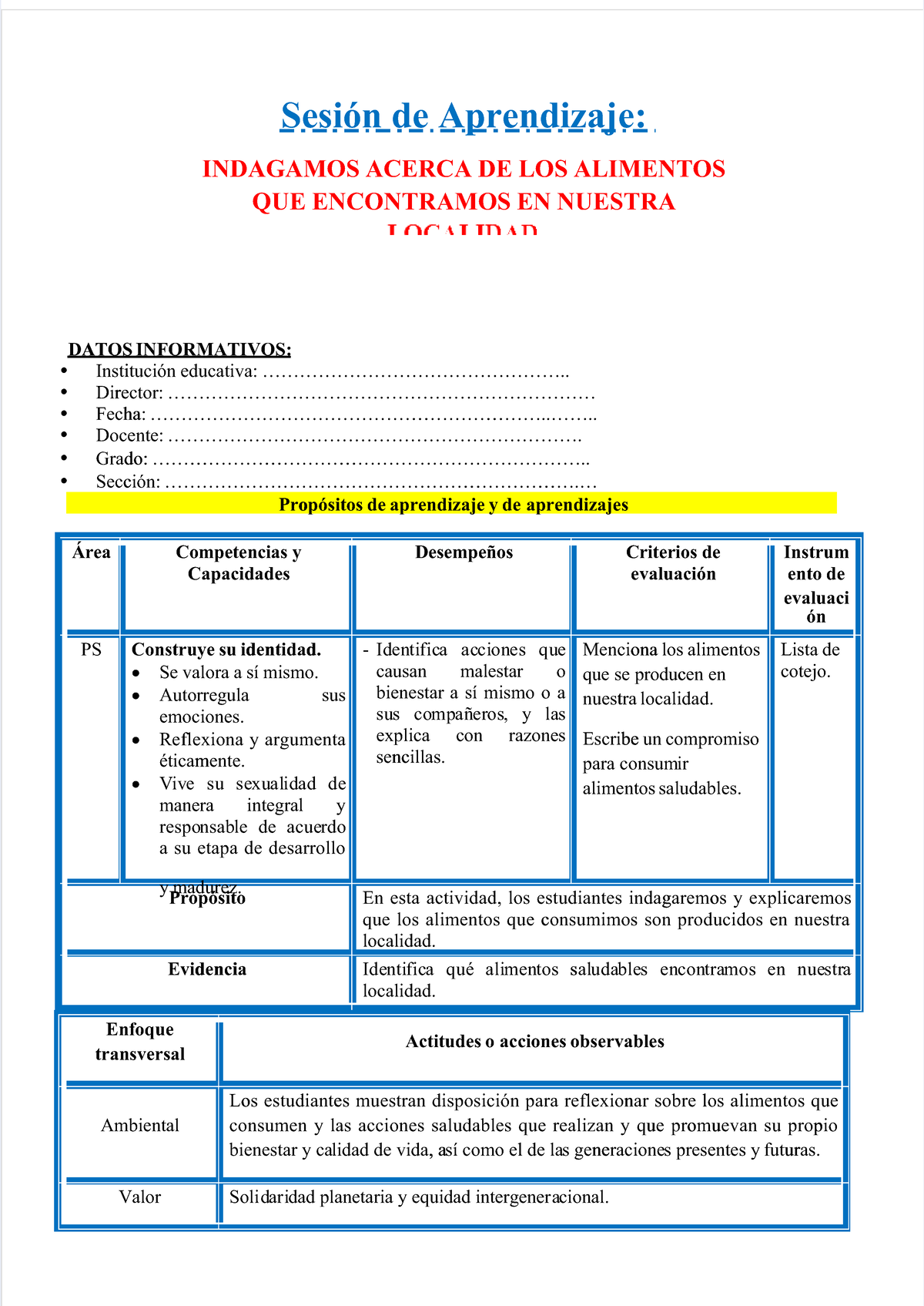 Sesión de Aprendizaje: Indagamos sobre Alimentos Locales - PS 2023 ...