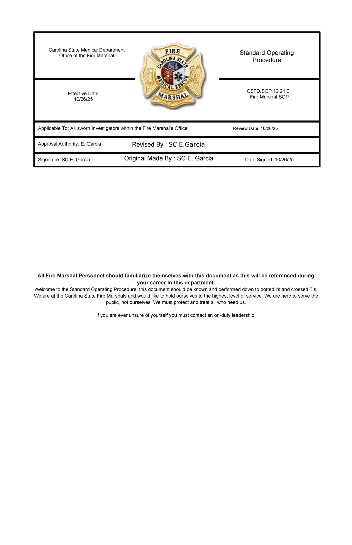 CSFD.SOP.12.21.21 Fire Marshal Standard Operating Procedure Guide - Studocu