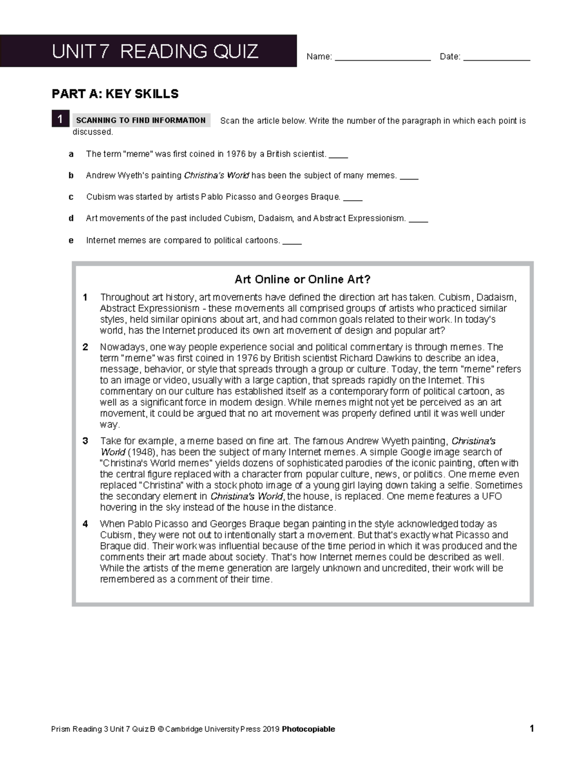 Prism Reading 3 Unit 7 Quiz: Key Skills & Language Development - Studocu