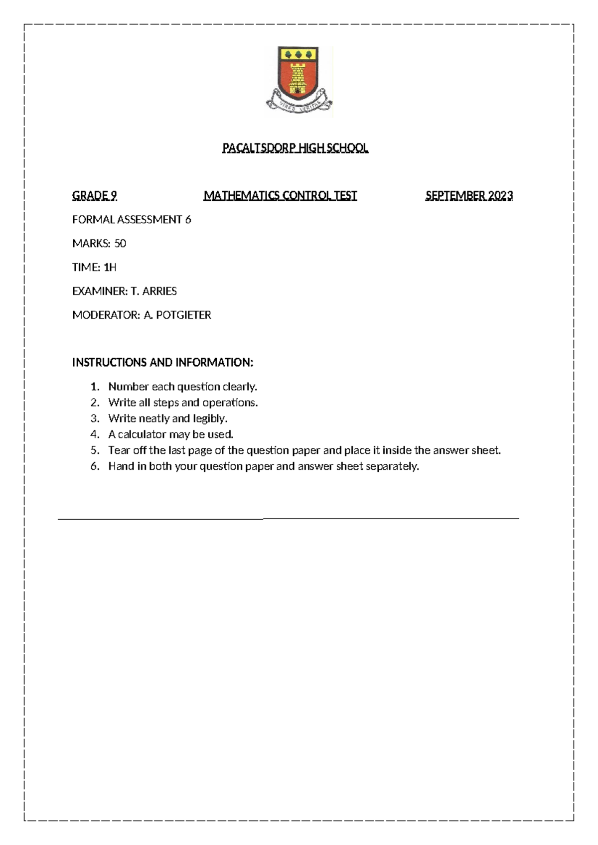Grade 9 Mathematics Term 3 Control Test - September 2023 - Studocu