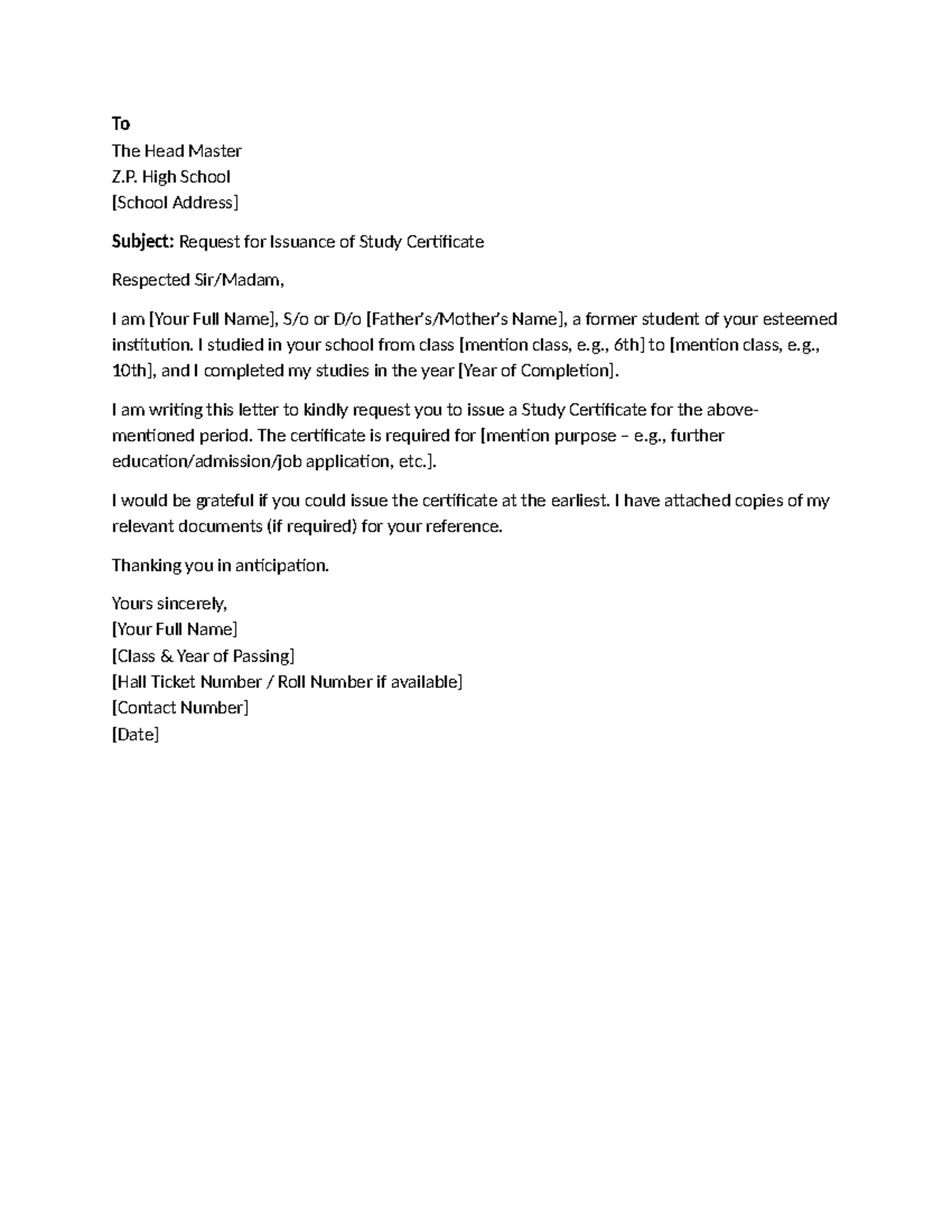 Request for Study Certificate - Z.P. High School - Studocu