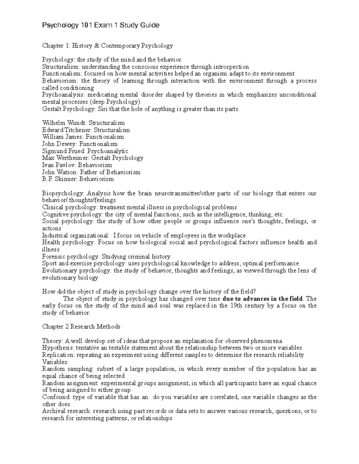 Psychology Cheat Sheet - Psychology 101 Exam 1 Study Guide Chapter 1 ...