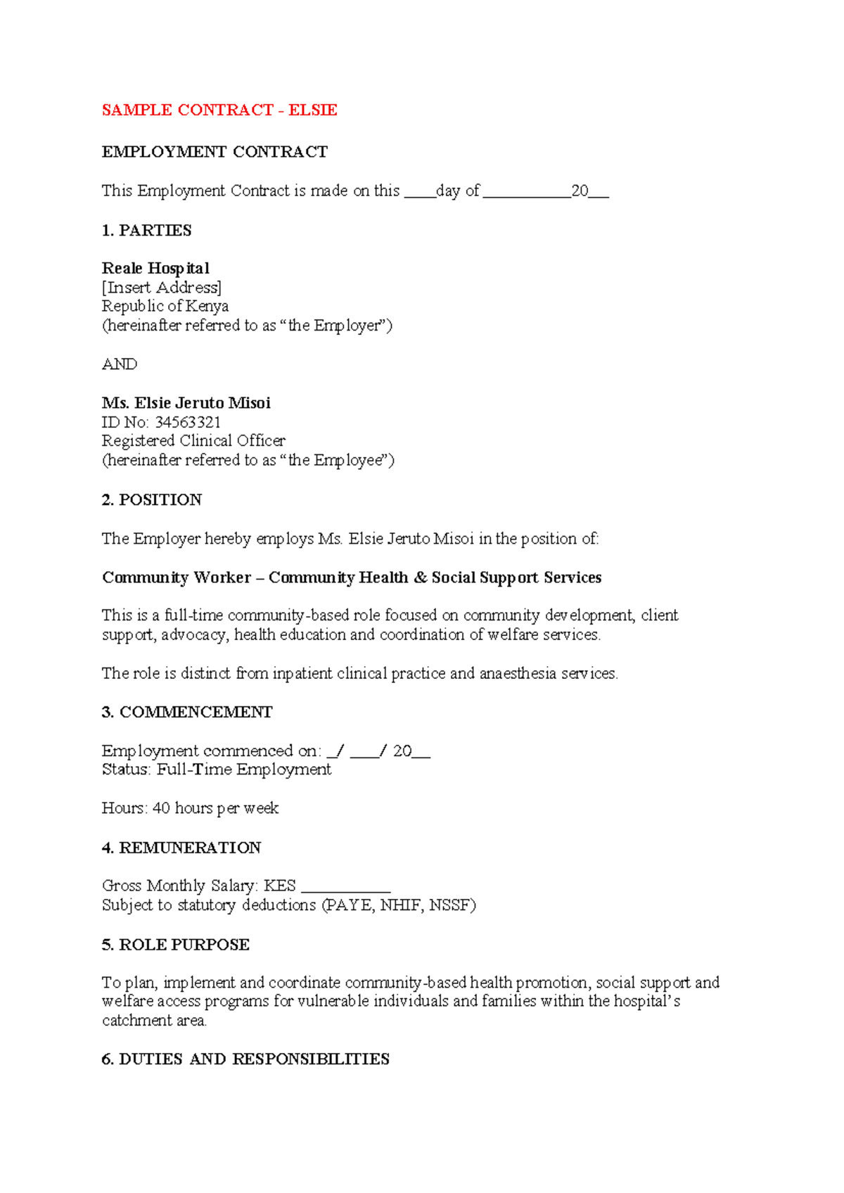 Sample Employment Contract for Community Worker - Elsie - Studocu