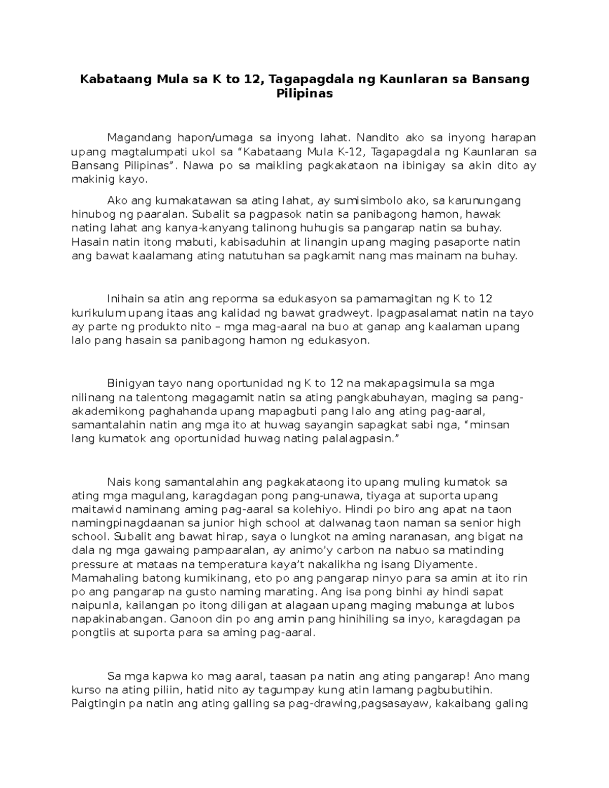 Talumpati Kabataang Mula sa K to 12, Tagapagdala ng Kaunlaran sa Bansang Pilipinas - Kabataang ...