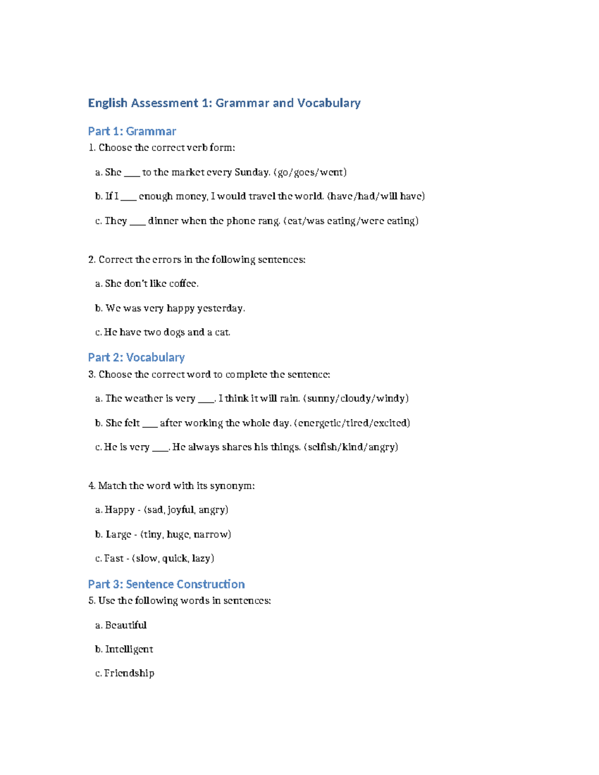 English Assessment 1: Grammar & Vocabulary Review - Studocu