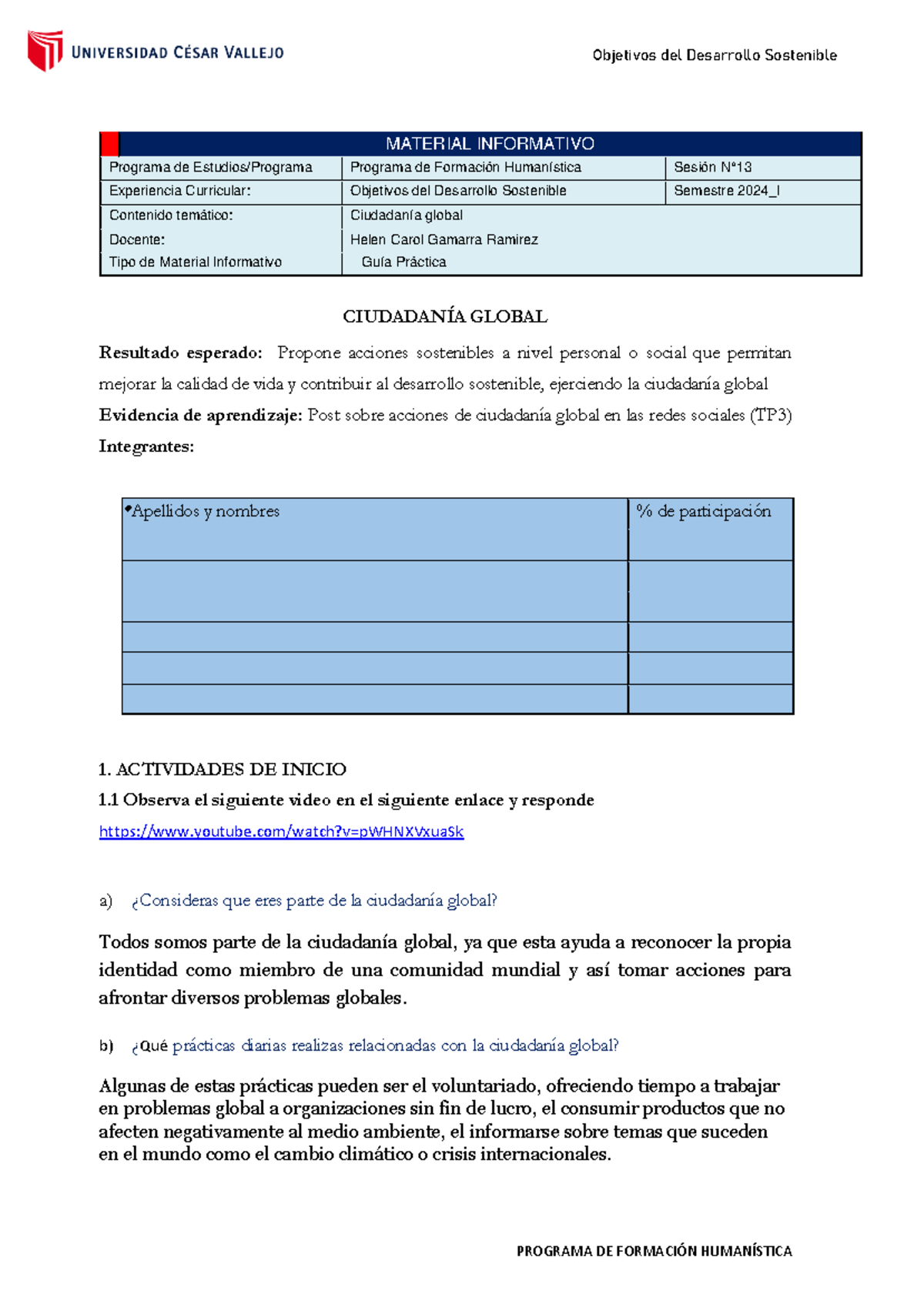 Guía Práctica 13 ODS: Ciudadanía Global - Actividades Resueltas - Studocu