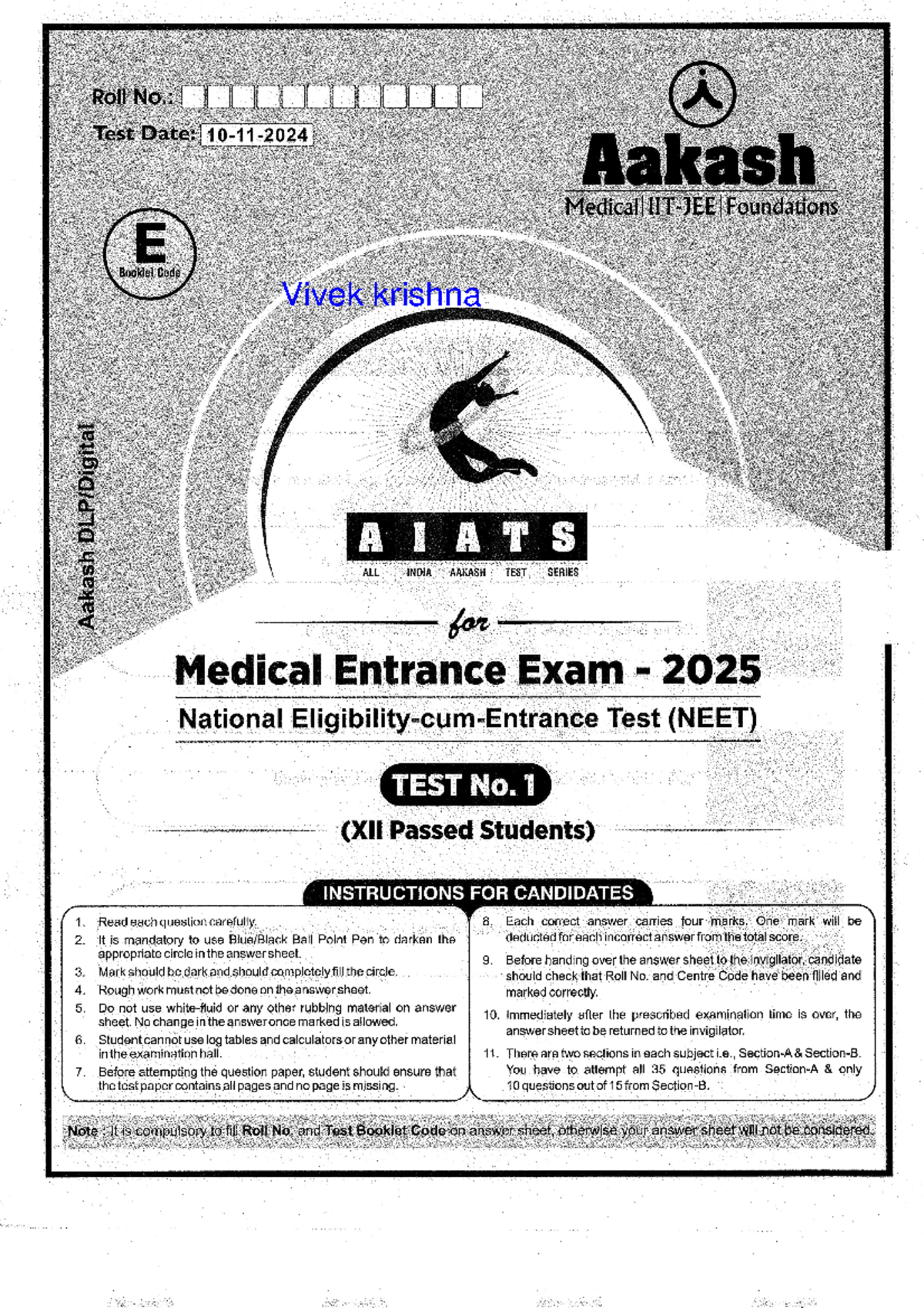 RM Aiats 01 E - Nothing - Aakash DLP/Digital 1 Roll No. Test Date ...
