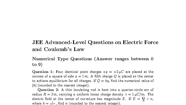 JEE Numerical Questions on Electric Force and Equilibrium - Studocu