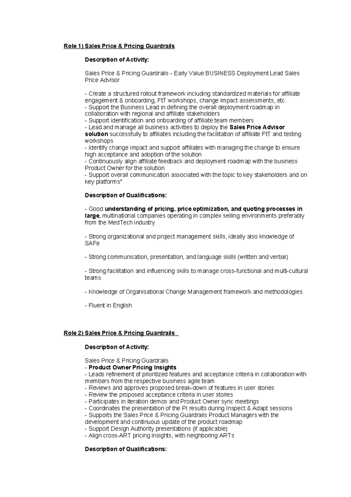 Sales and Pricing Job Descriptions (JD) for Business Deployment Roles ...