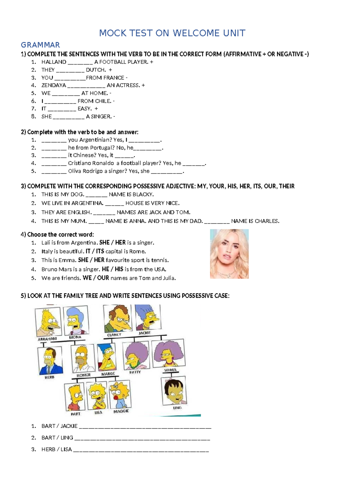 MOCK TEST ON WELCOME UNIT GRAMMAR - VERB TO BE & POSSESSIVES - Studocu
