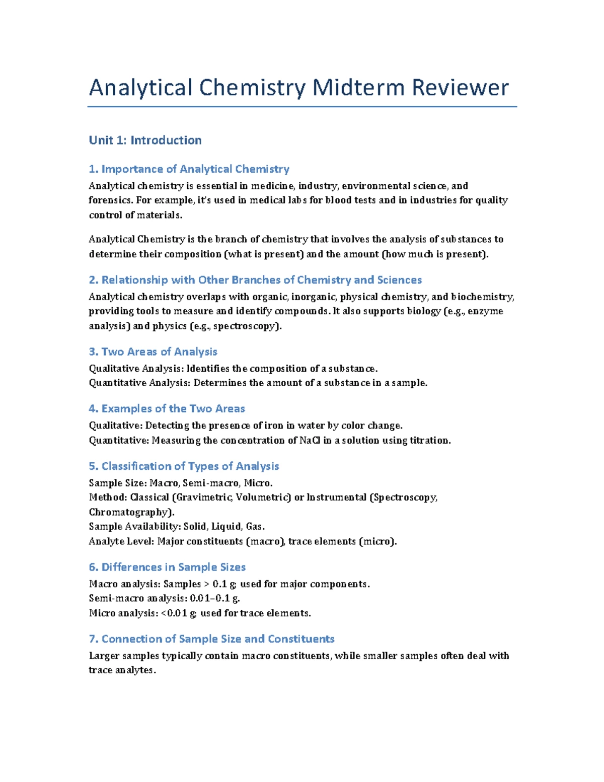 Analytical Chemistry Midterm Study Guide (CHEM 101) - Studocu