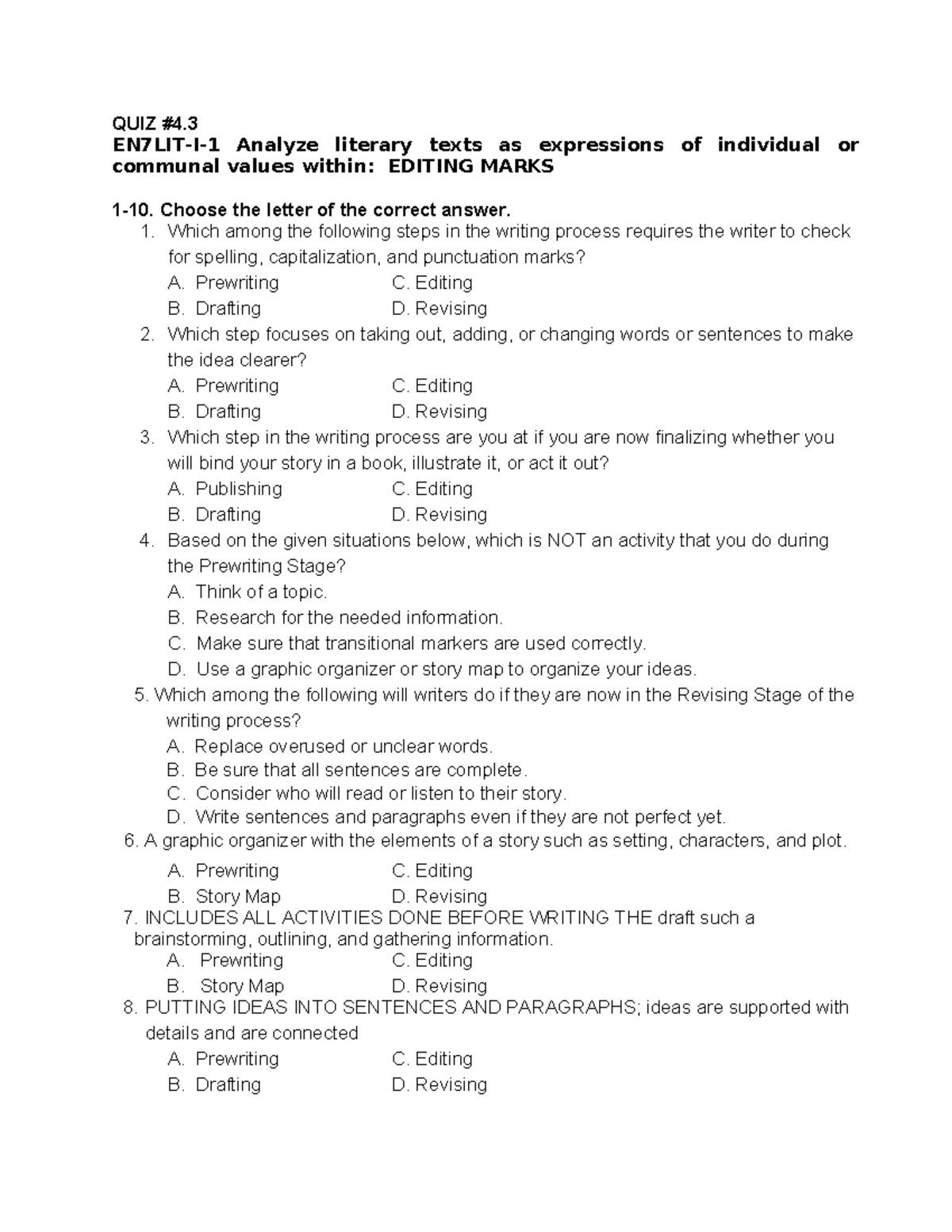 QUIZ # 4 - Proofreading Assessment on Writing Process and Editing Marks ...