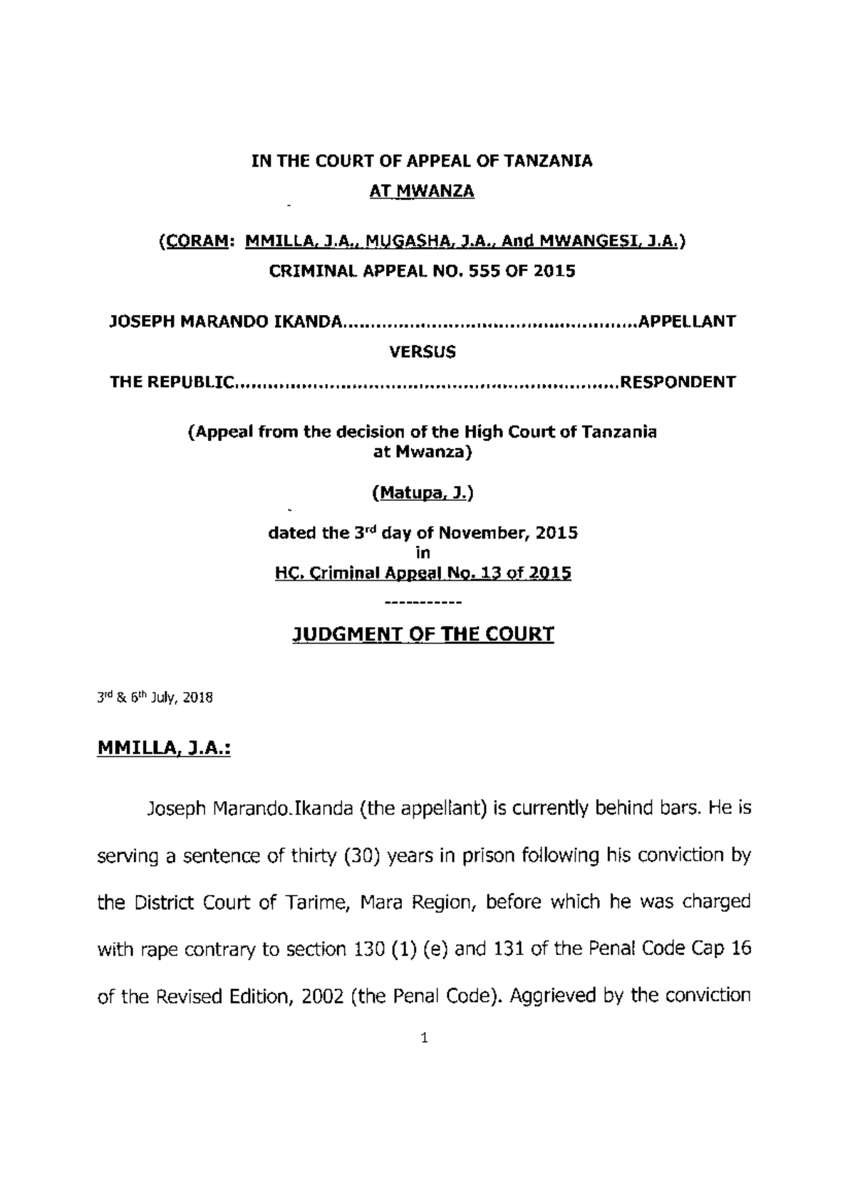 Joseph Marando Ikanda vs Republic: Judgment in Criminal Appeal No. 555/ ...
