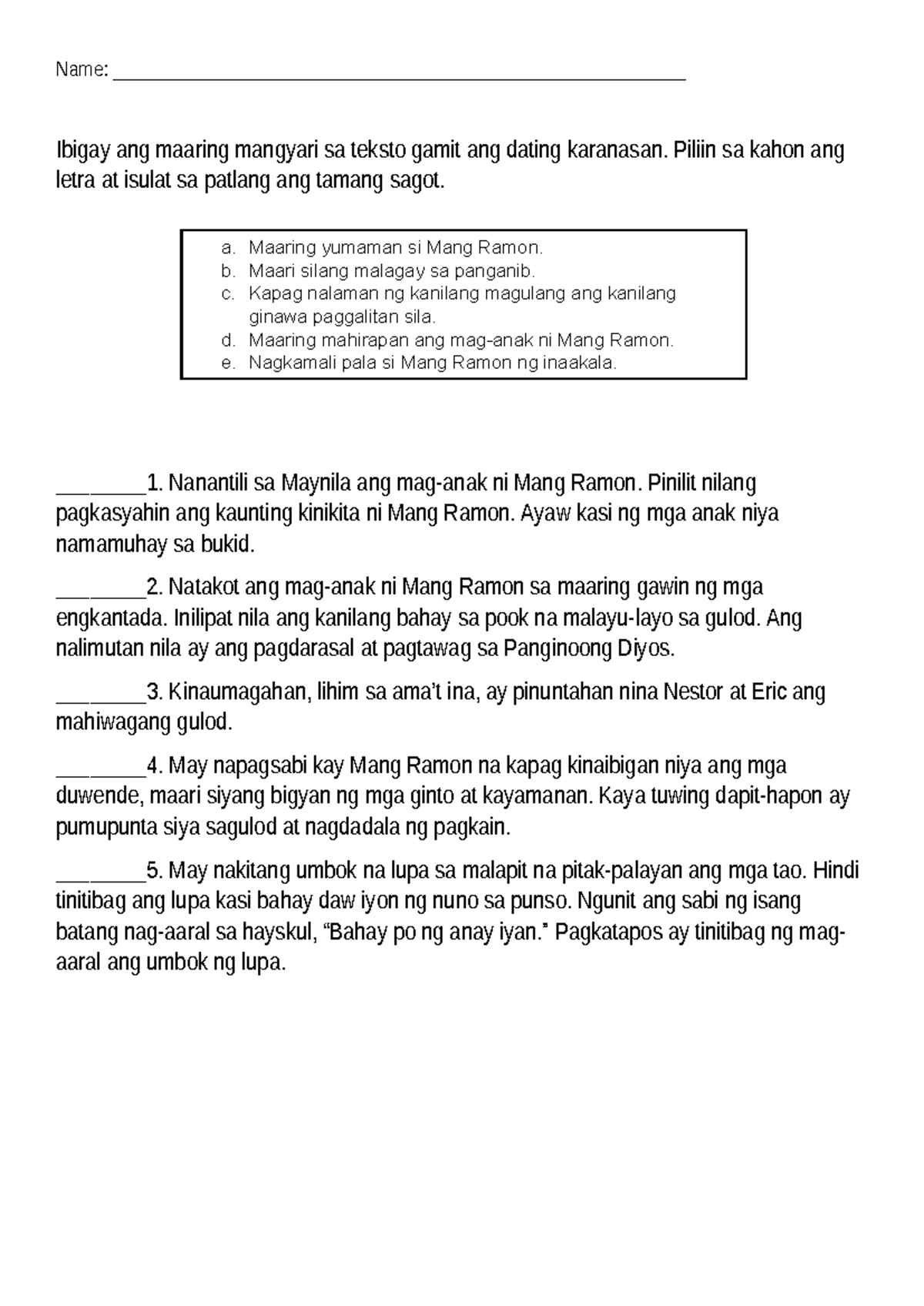 Worksheet: Mga Posibleng Kaganapan Batay sa Dating Karanasan - Studocu