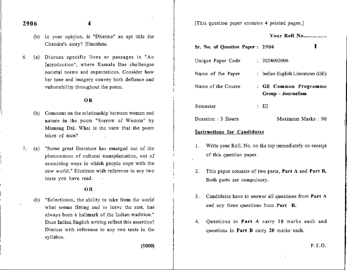2906 GE Indian English Literature Question Paper Analysis - Studocu