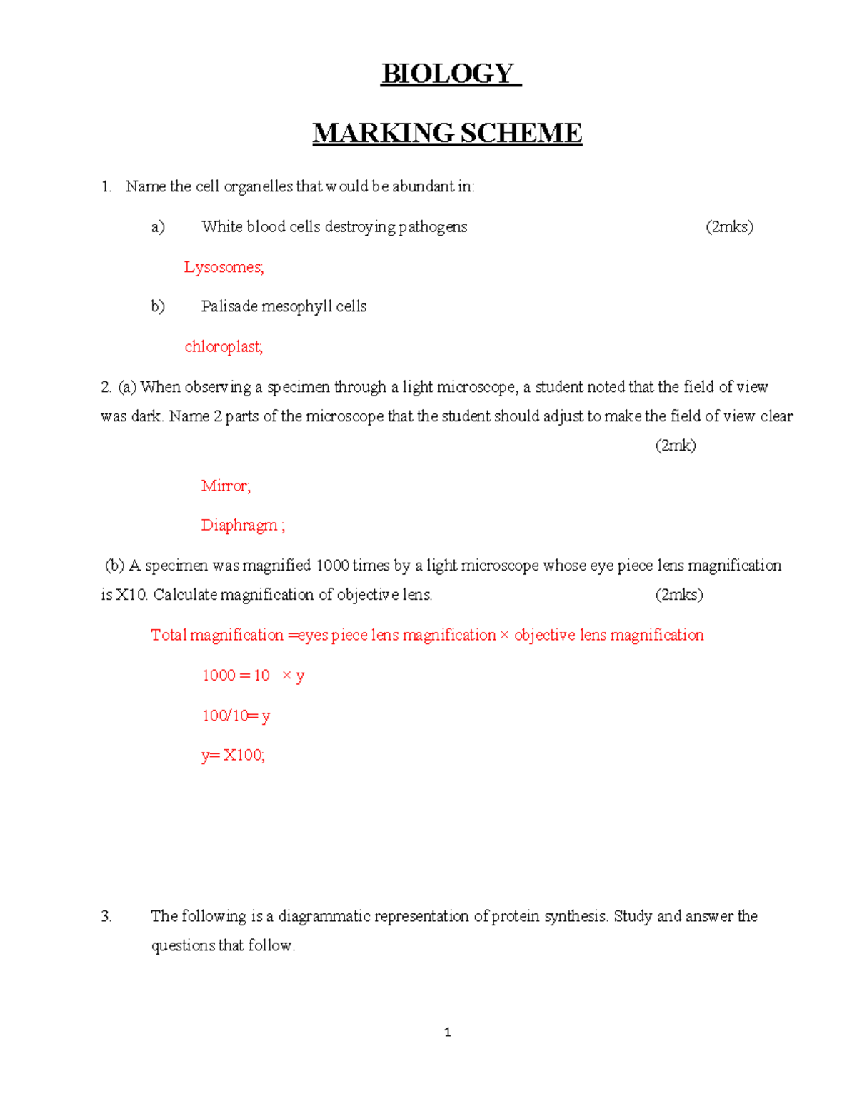 Biology F1T3 MS - EXAM - BIOLOGY MARKING SCHEME 1. Name the cell ...