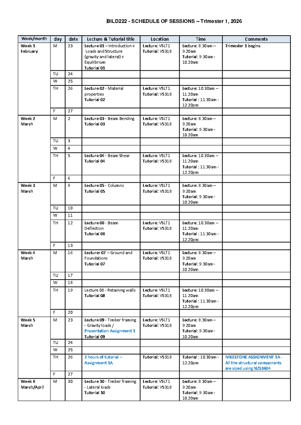 Schedule of Sessions: Trimester 1, 2026 (VSLT1 & VS318) - Studocu