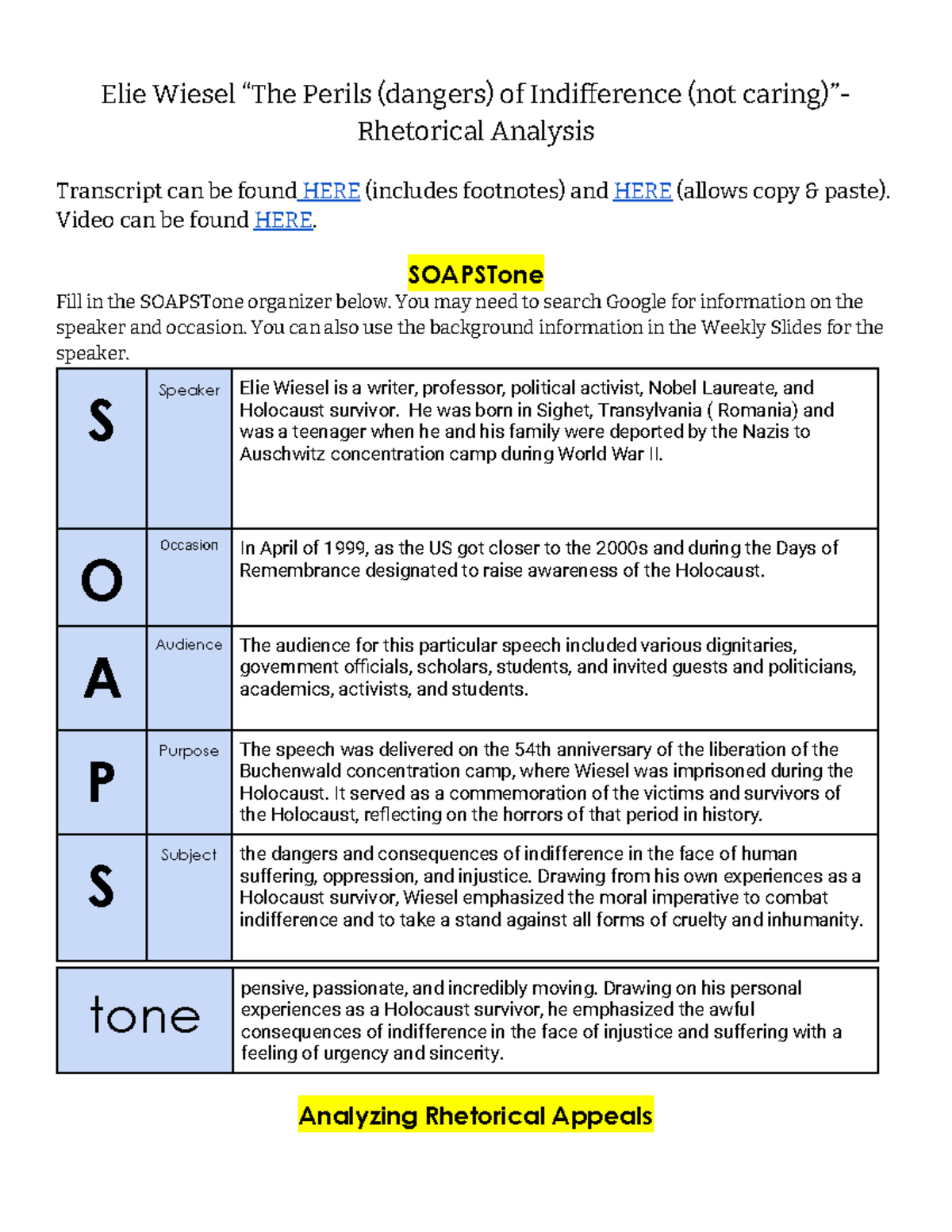 Rhetorical Analysis of Elie Wiesel's "The Perils of Indifference" Eng2H ...