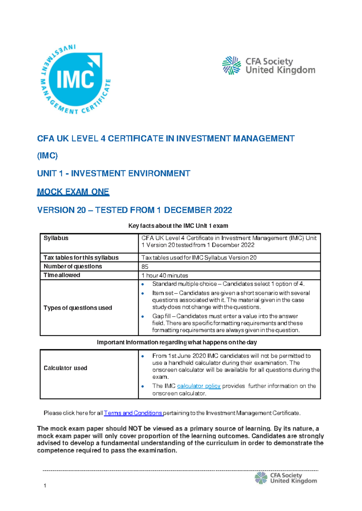 CFA IMC Level 4 Unit 1 Mock Exam 1 - Version 20 Overview - Studocu
