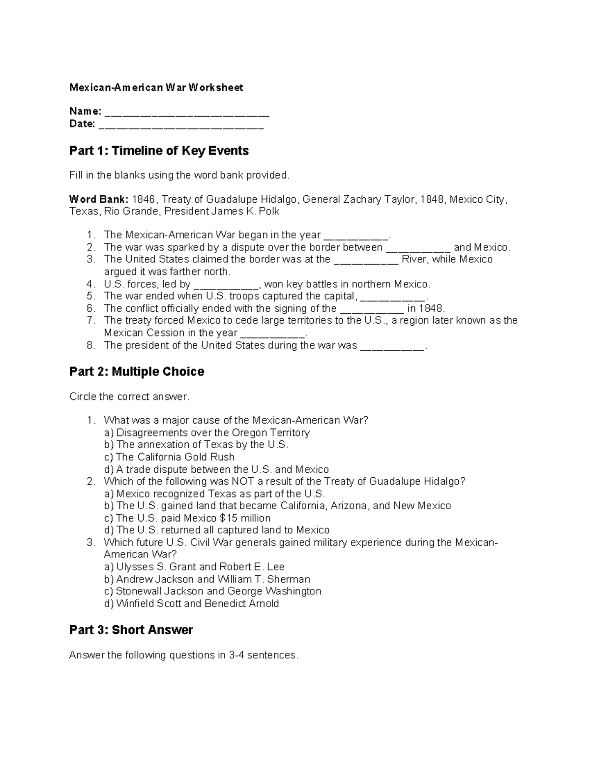 Mexican-American War Worksheet: Key Events & Questions - Studocu