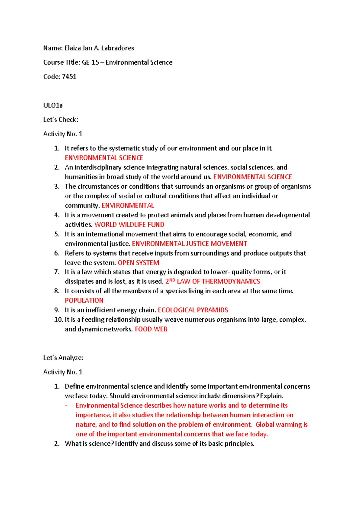 GE 15 - Environmental Science ULO1a Study Guide & Key Concepts - Studocu