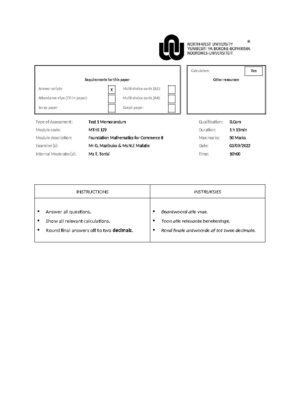 MTHS 129 - Foundation Mathematics for Commerce II Test 1 Memorandum ...