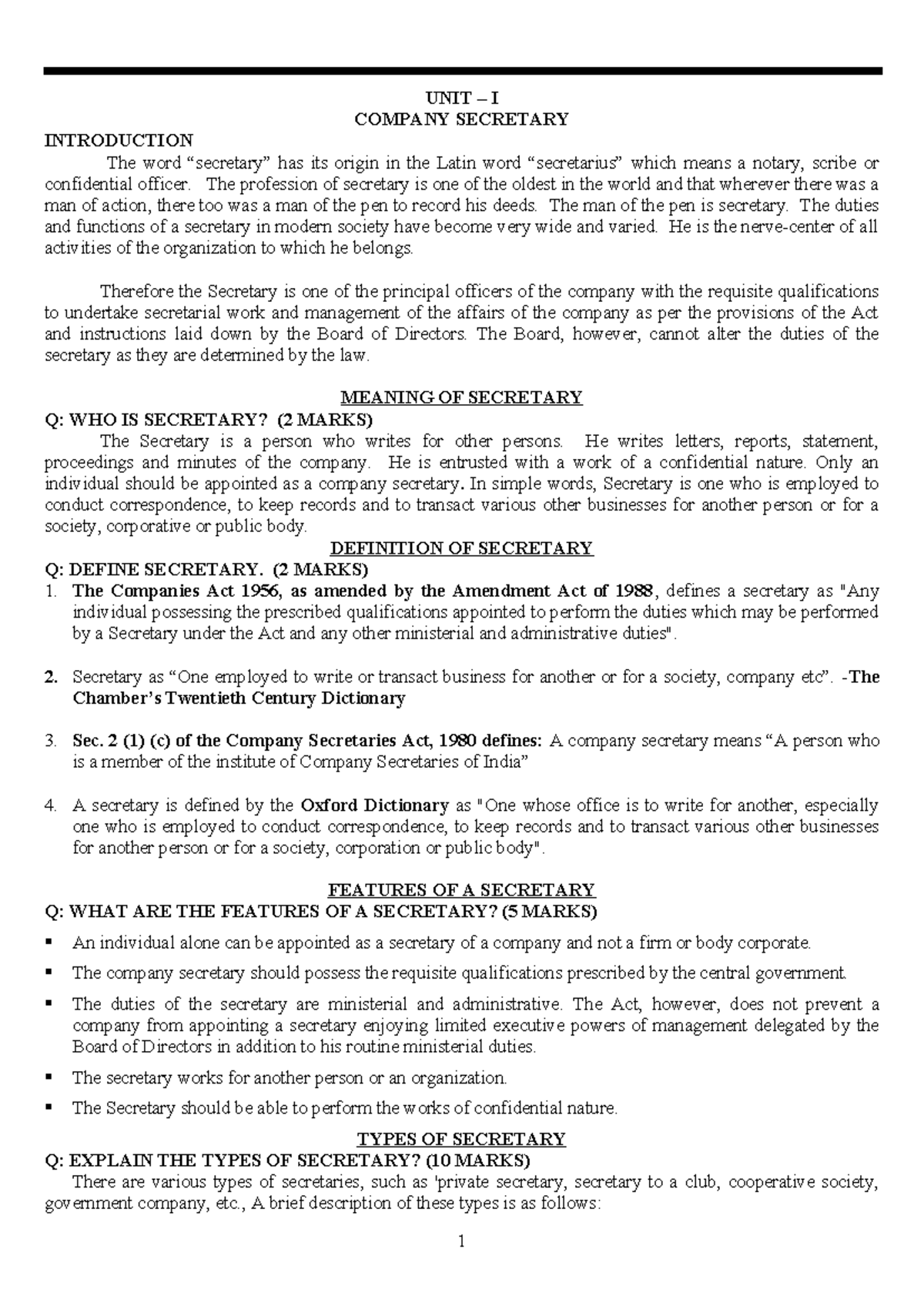 Company Secretary: Roles, Types, and Qualifications (Unit I) - Studocu