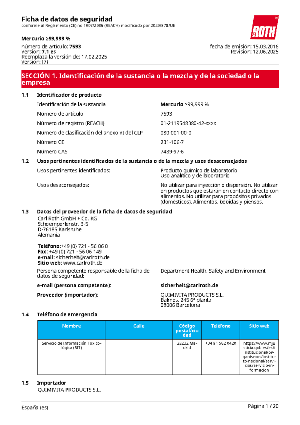 Ficha de Datos de Seguridad de Mercurio (CE) No. REACH 7593 - Studocu