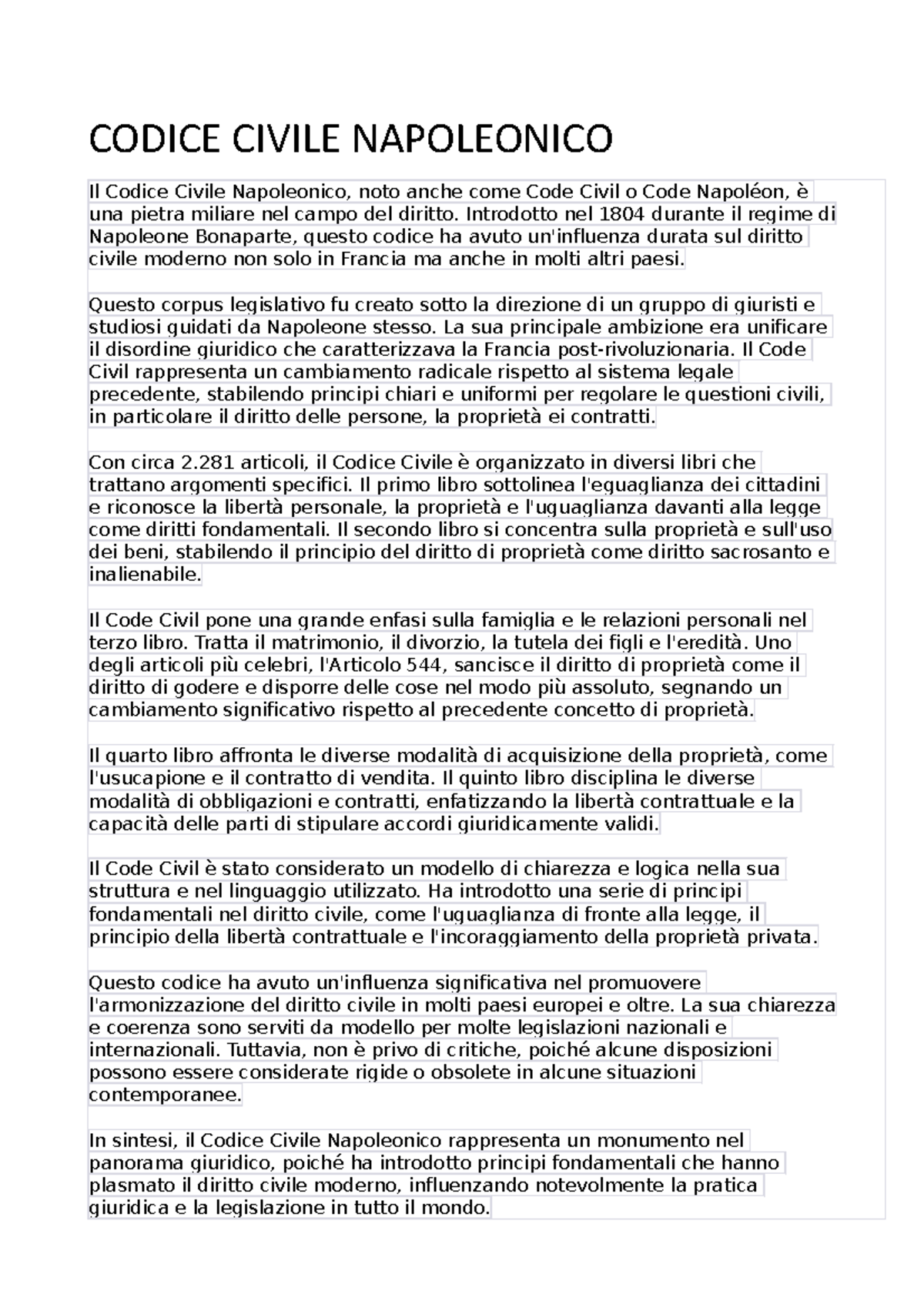 Codice Civile Napoleonico: Influenza e Principi Fondamentali - Studocu