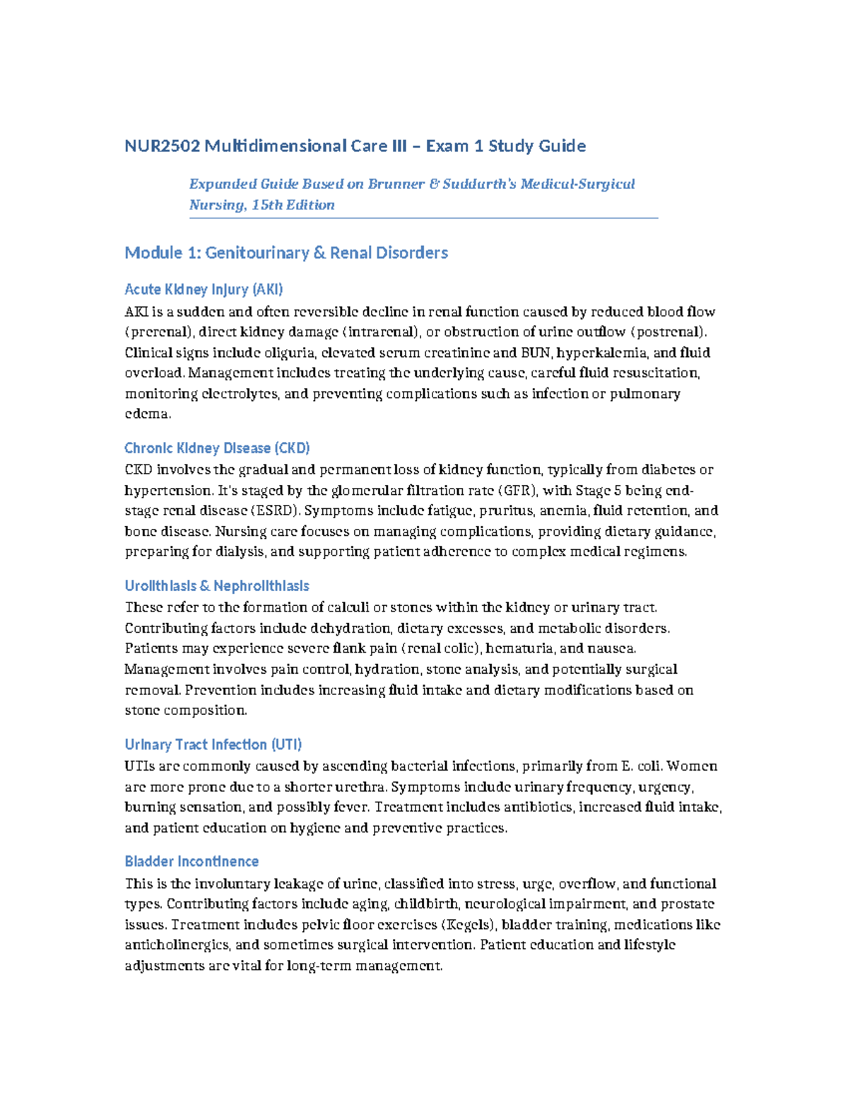 NUR2502 Multidimensional Care III – Comprehensive Exam 1 Study Guide ...