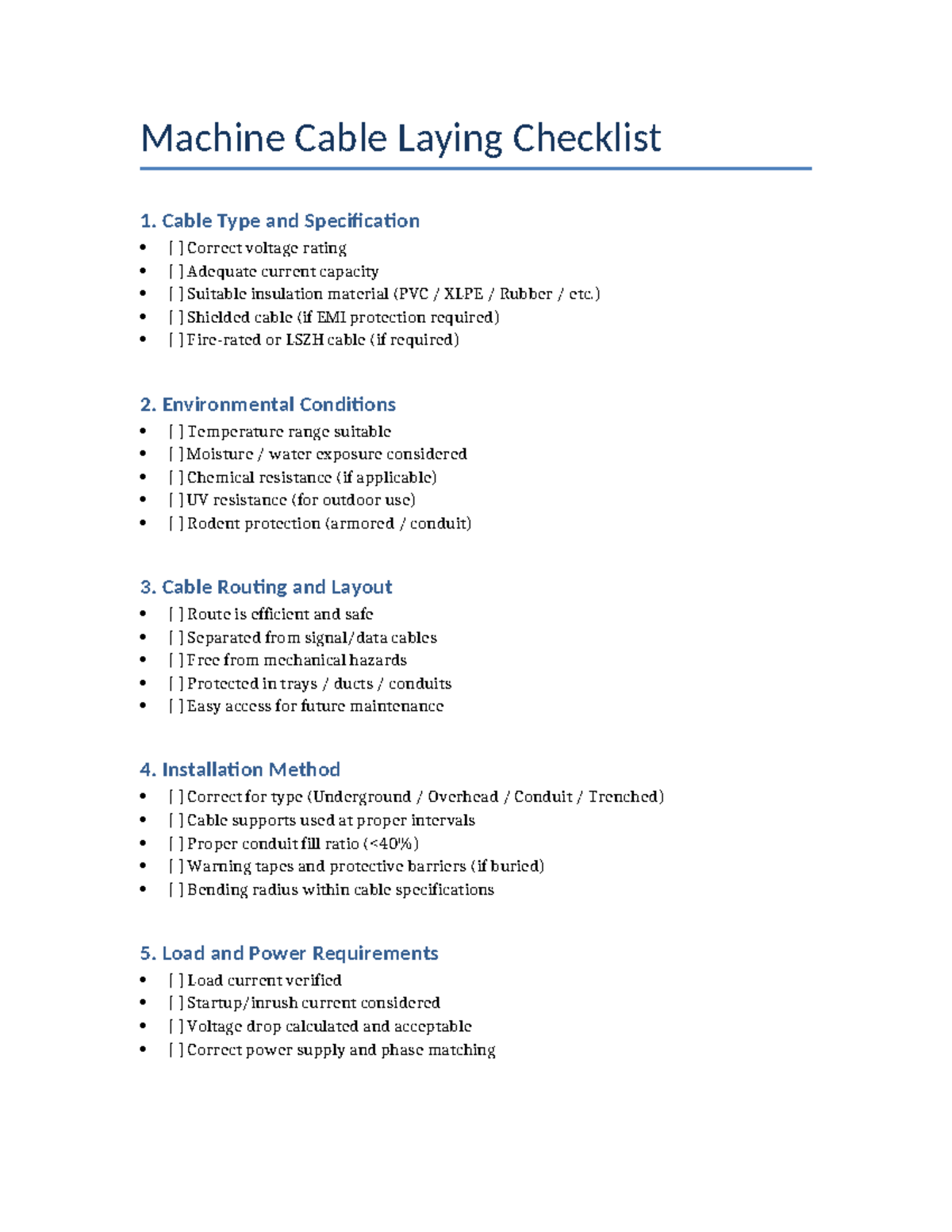 Machine Cable Laying Checklist for Employability Skills - Studocu