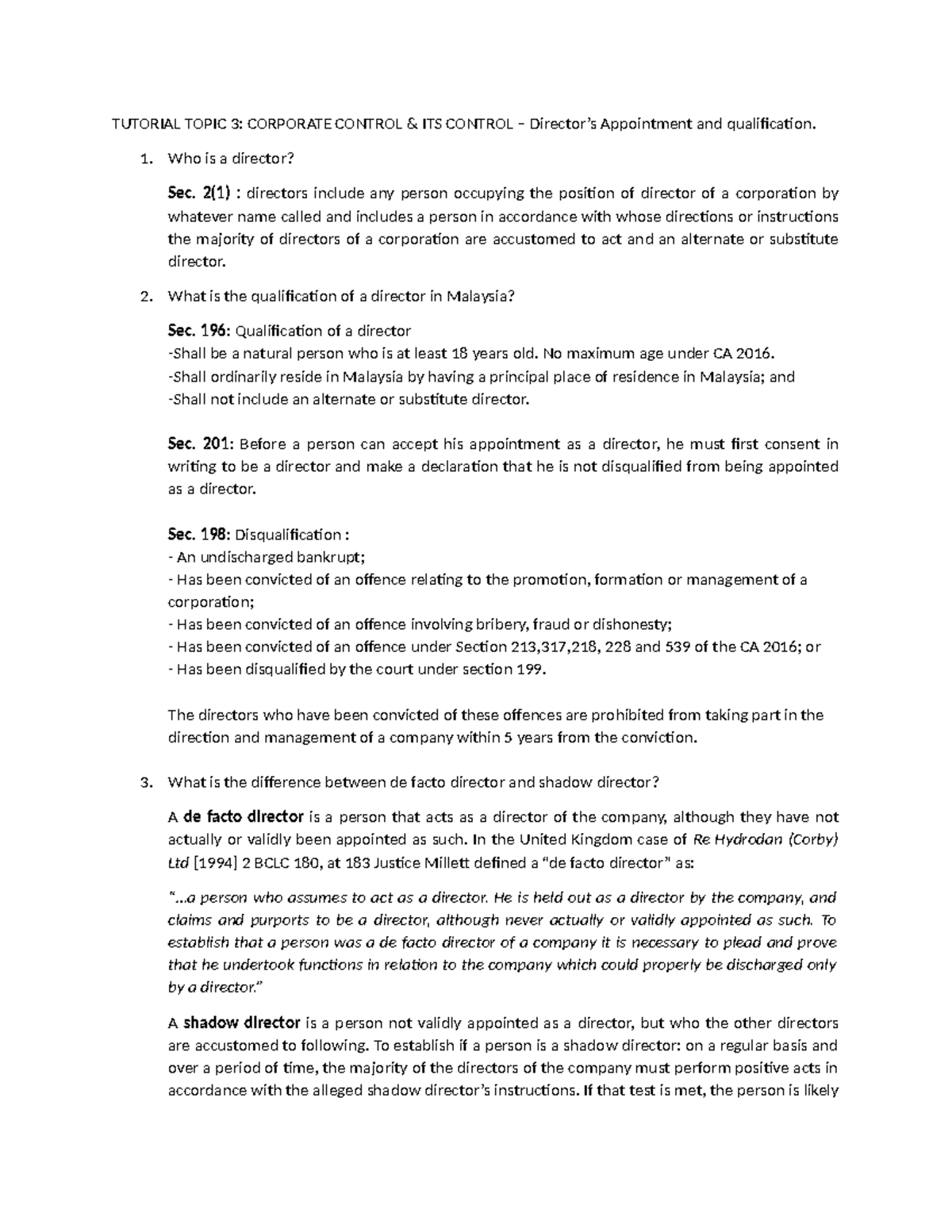 Tutorial Corporate Control - TUTORIAL TOPIC 3: CORPORATE CONTROL & ITS ...