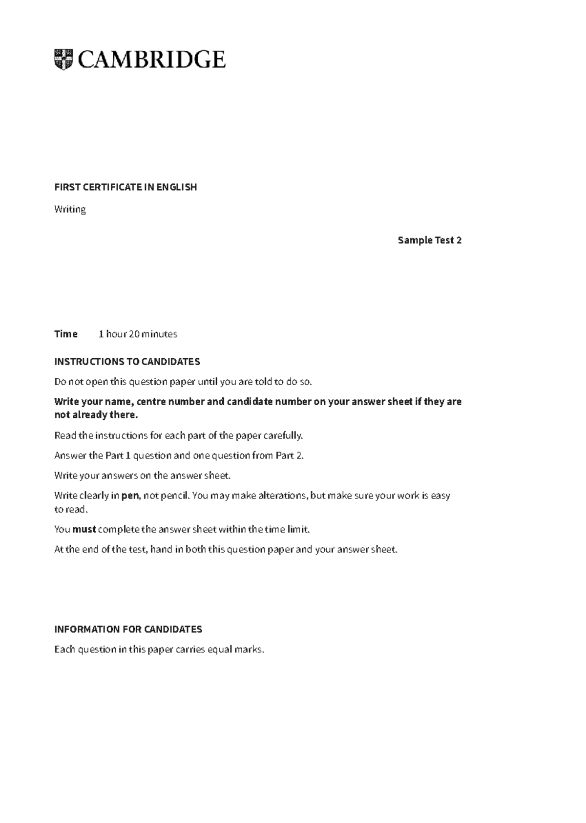 B2 First Writing Sample Test: Practice Test Paper - Studocu