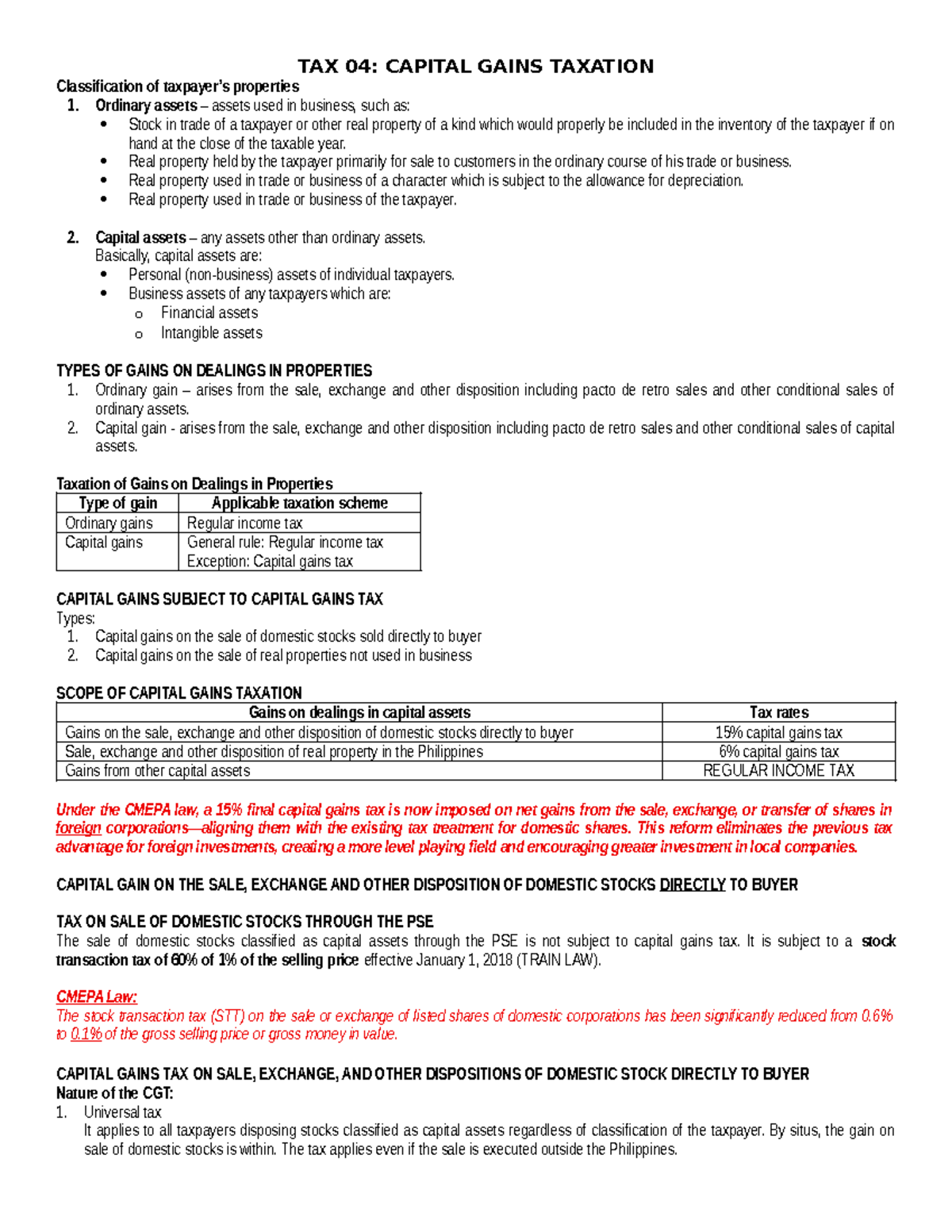 TAX 04: Capital Gains Taxation Overview and Key Concepts - Studocu