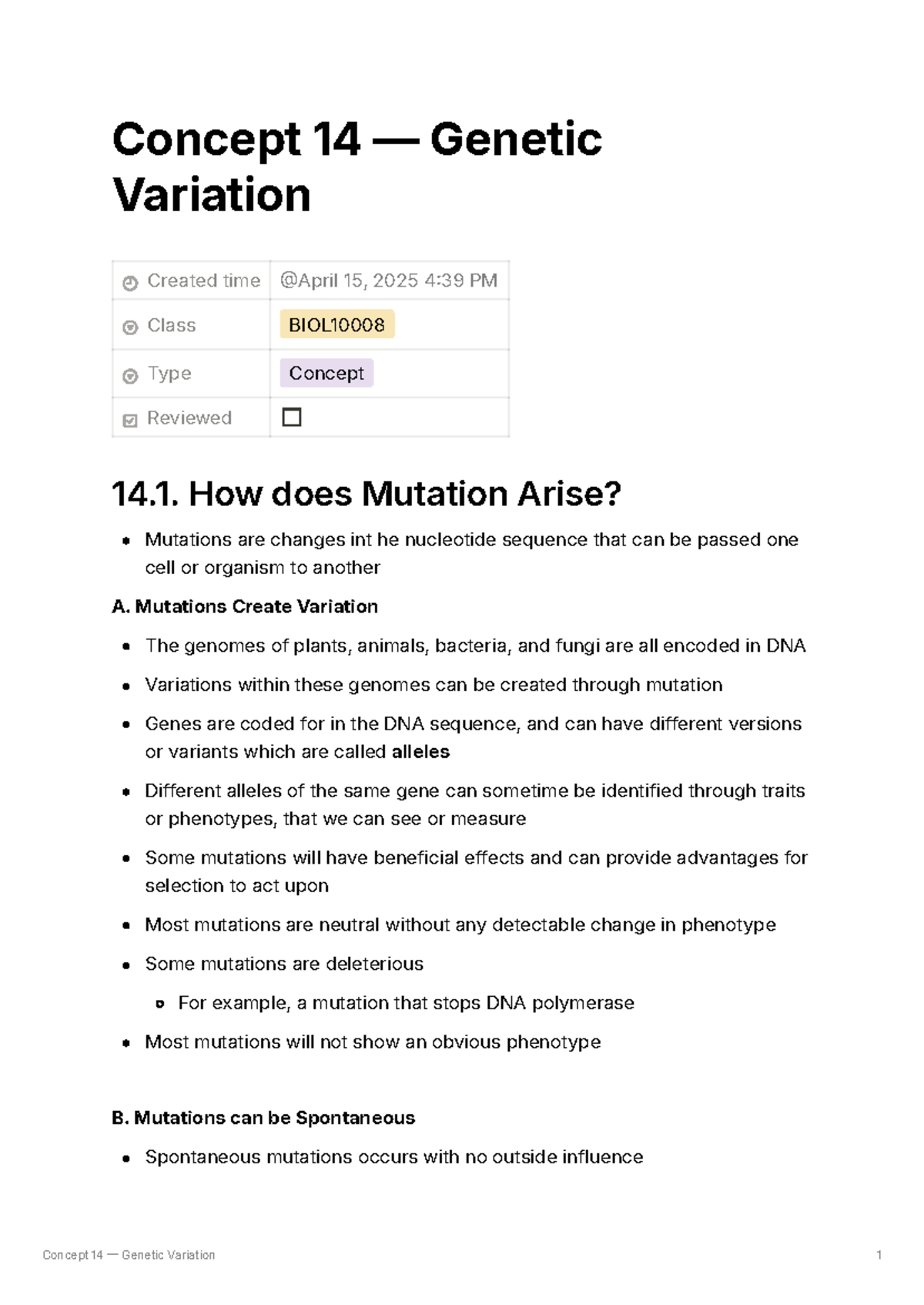 Concept 14: Genetic Variation and the Role of Mutations in Evolution ...