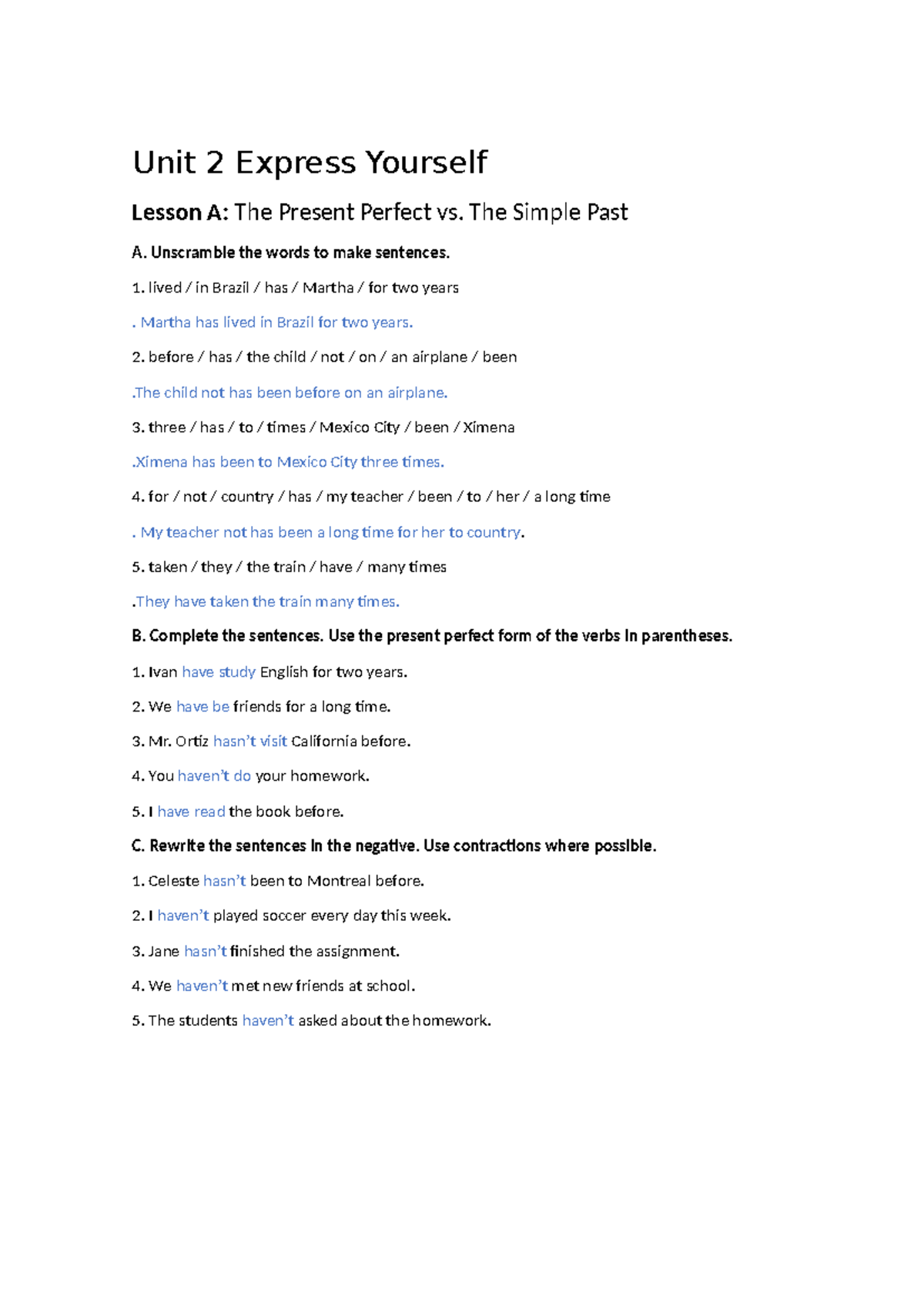Unit 02 Basic Grammar: Present Perfect vs. Simple Past Lessons - Studocu