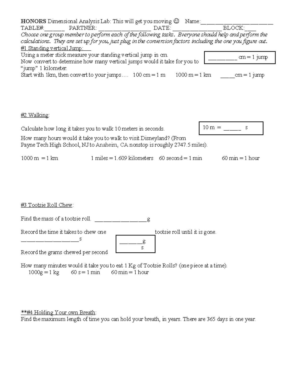 HONORS Dimensional Analysis Lab: Partner Activities & Calculations - Studocu