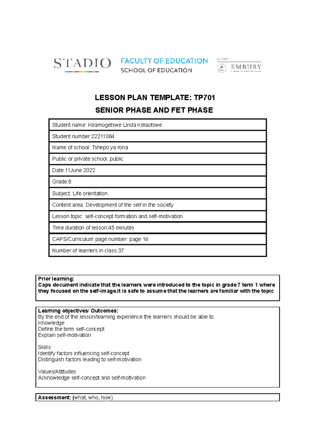 Lesson Plan: Self-Concept & Self-Motivation - Life Orientation (Grade 7 ...
