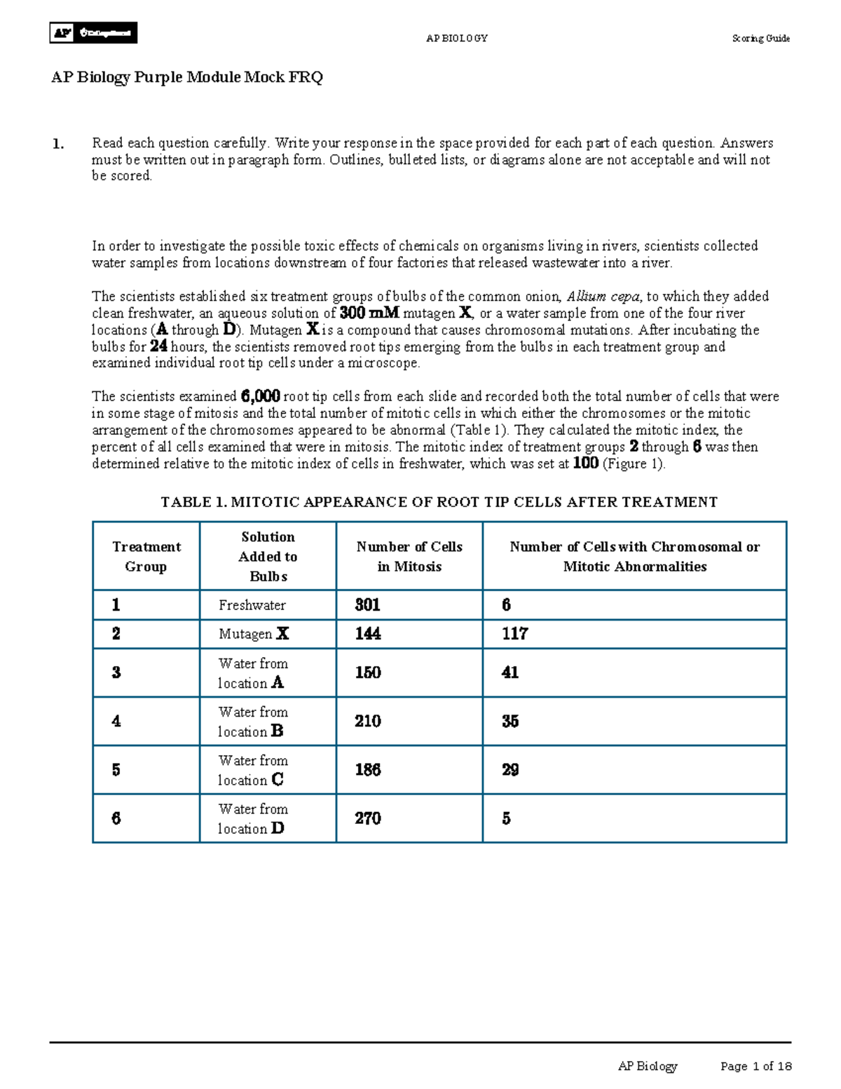AP BIOLOGY Purple Module Mock FRQ Scoring Guide - Studocu