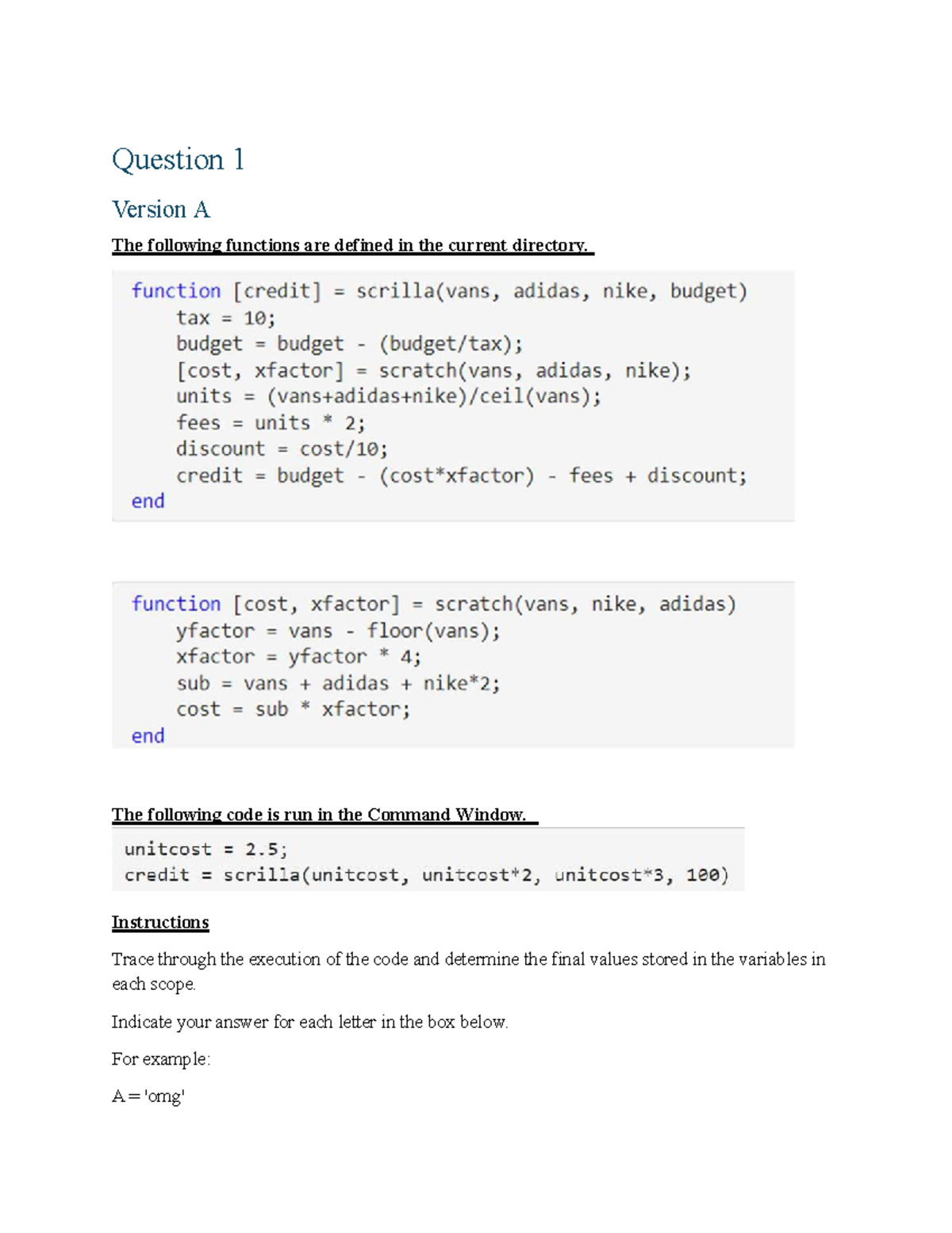 S25 Exam1 All Versions - Practice Exam for Code Execution and Functions ...