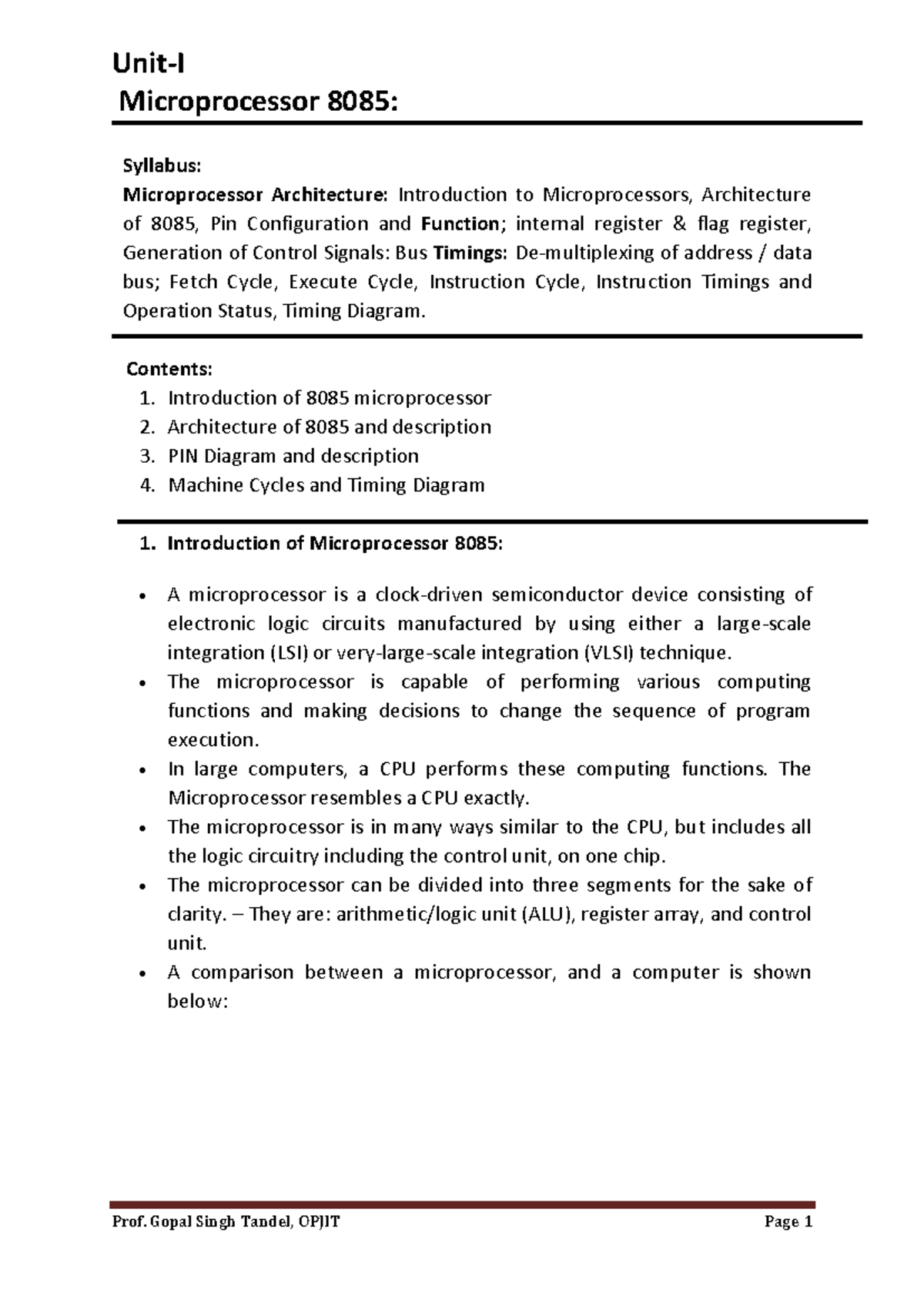 Microprocessor 8085 Architecture: Detailed Unit-I Overview - Studocu