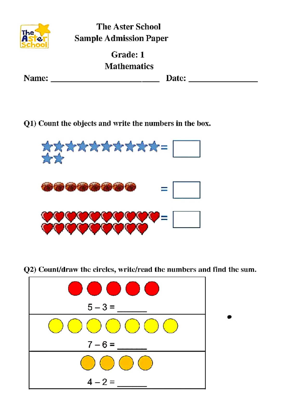 Aster School Grade 1 Sample Admission Paper: Math & English - Studocu